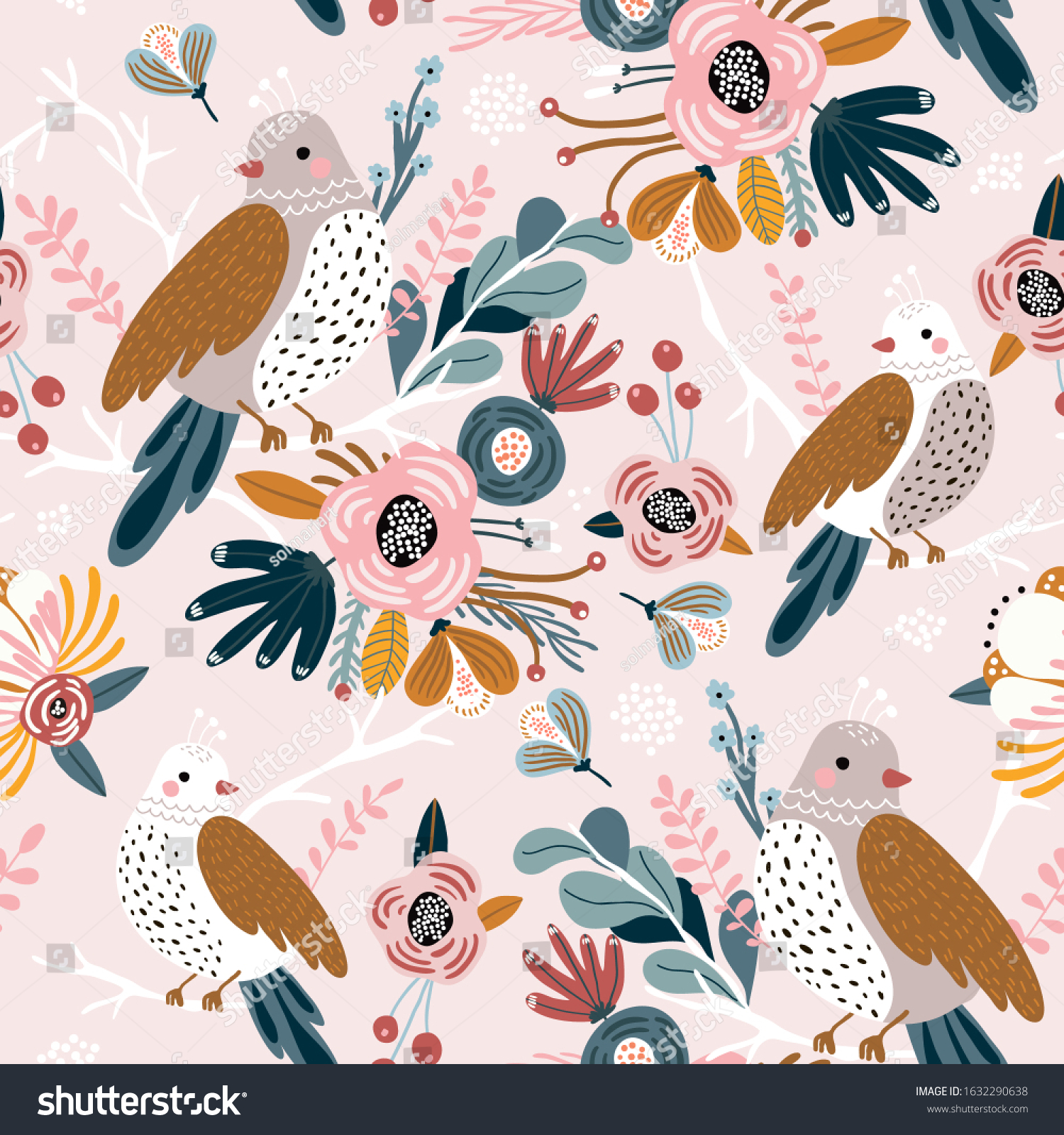 Seamless pattern with cute birds flowers berries and leaves. Creative ...