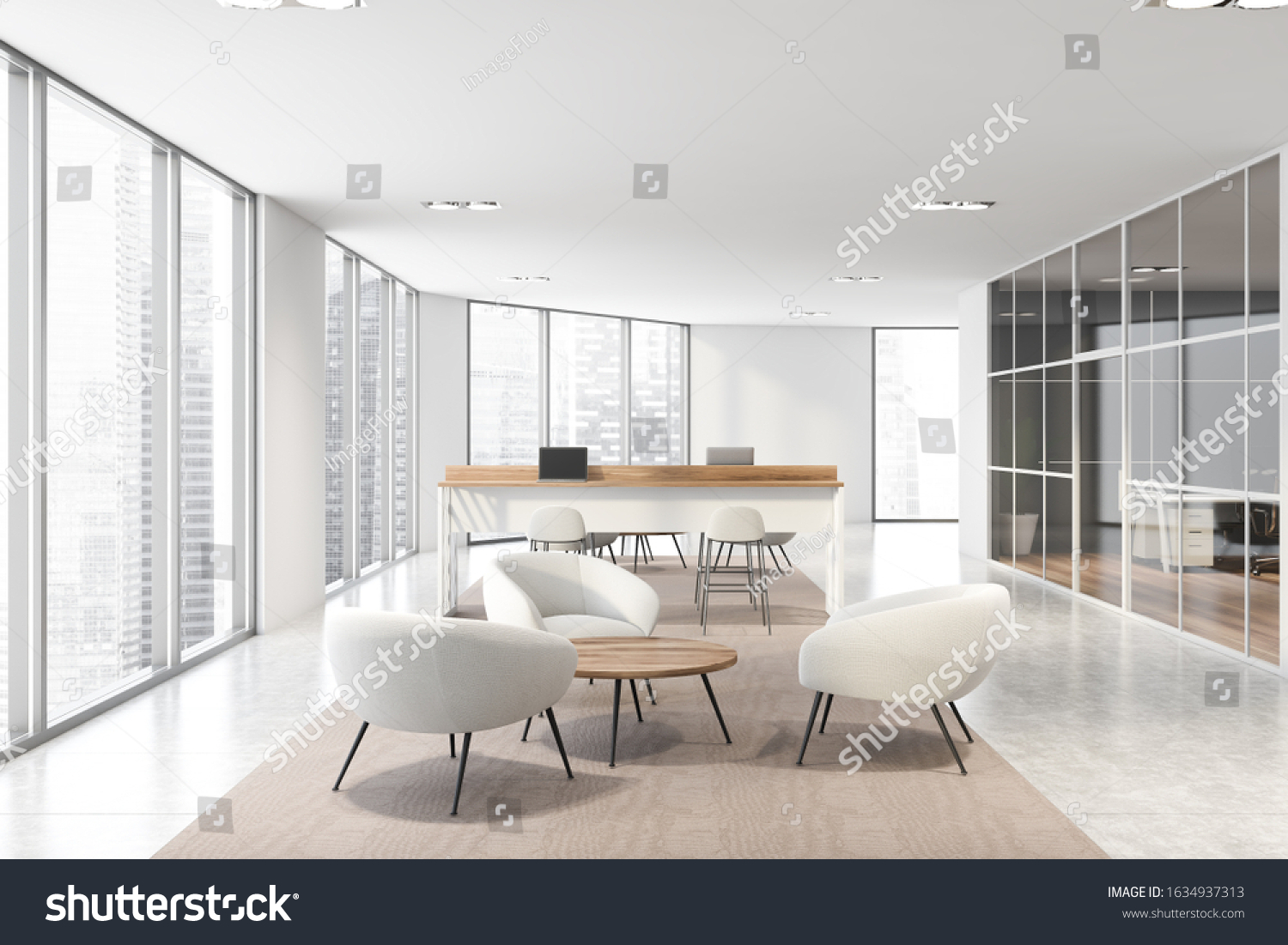 Interior of modern corporate office with white walls tiled floor ...