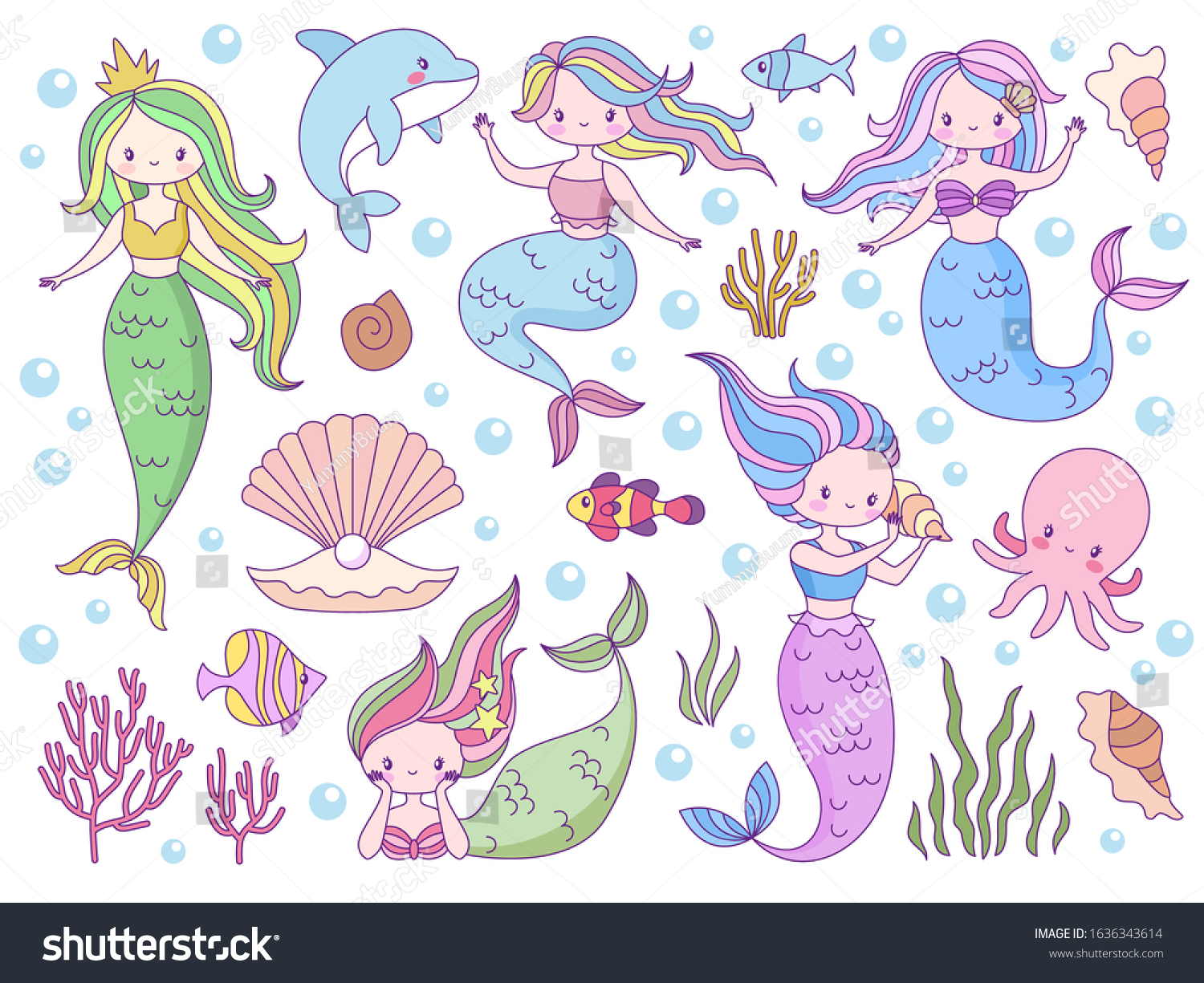 Mermaid. Sea world little mermaids cute mythical princess and dolphin ...