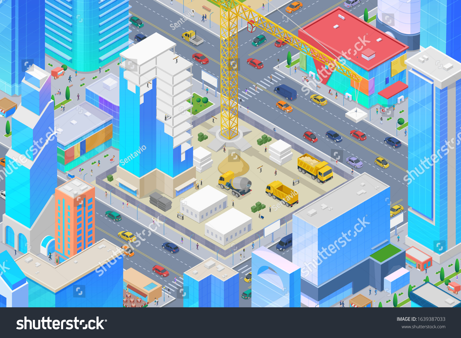 Isometric Construction site in City with Skyscrapers Shopping Mall buildings streets cars Flat ...