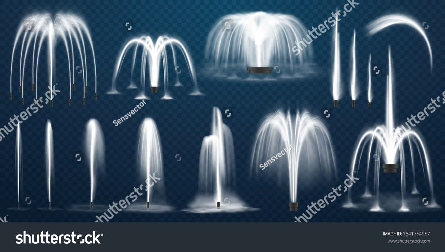 Realistic set of vector fountains. Water jets and white stream of 3d ...