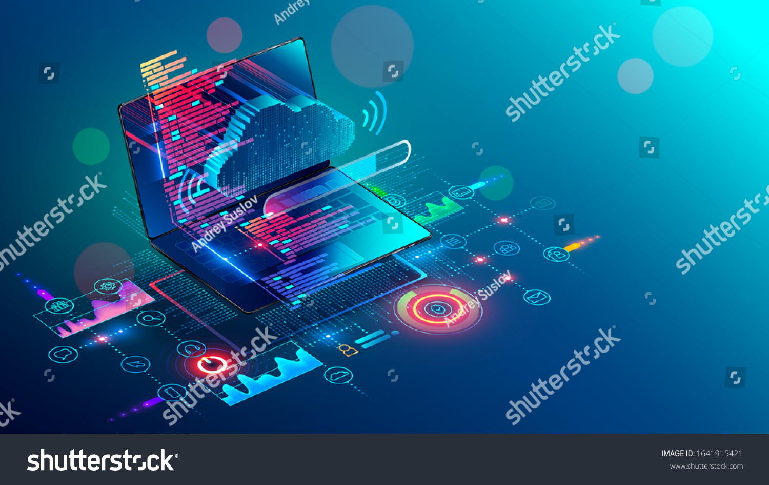 Laptop with code on screen hanging over icons programming app software development web coding ...