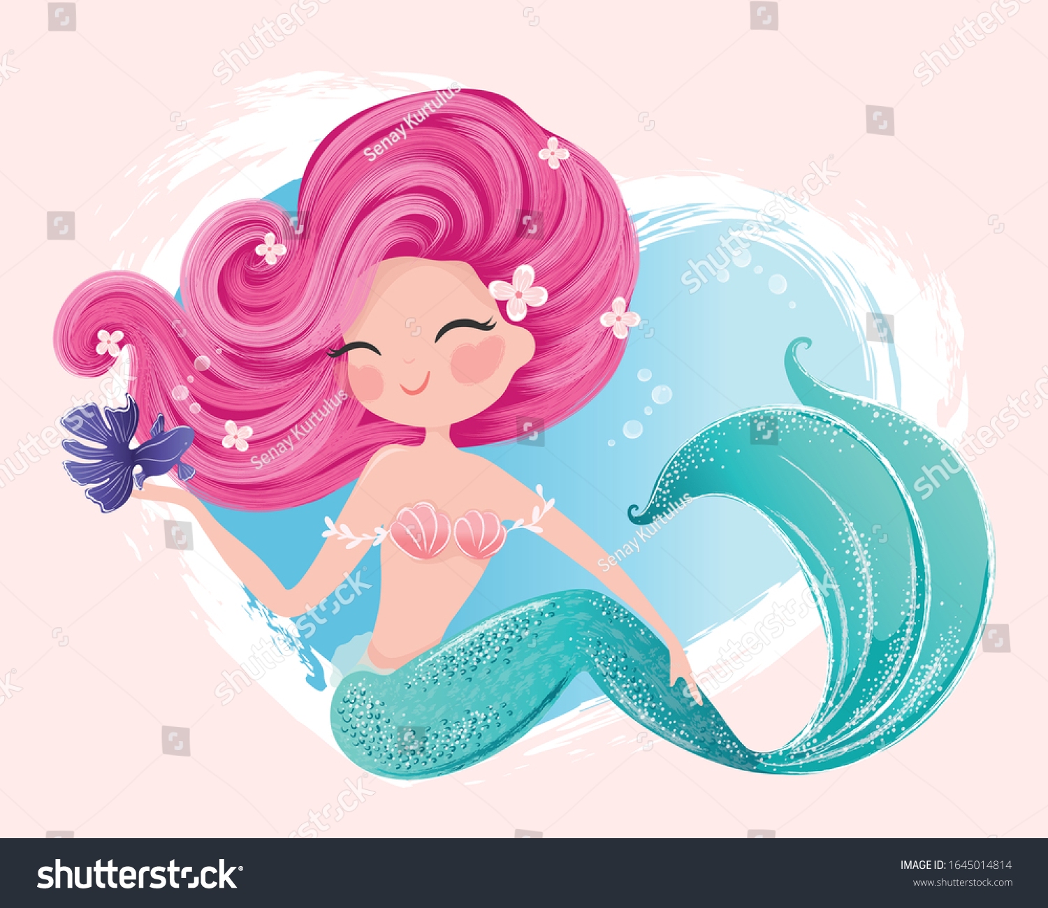 Cute mermaid with little fish vector illustration for kids fashion ...