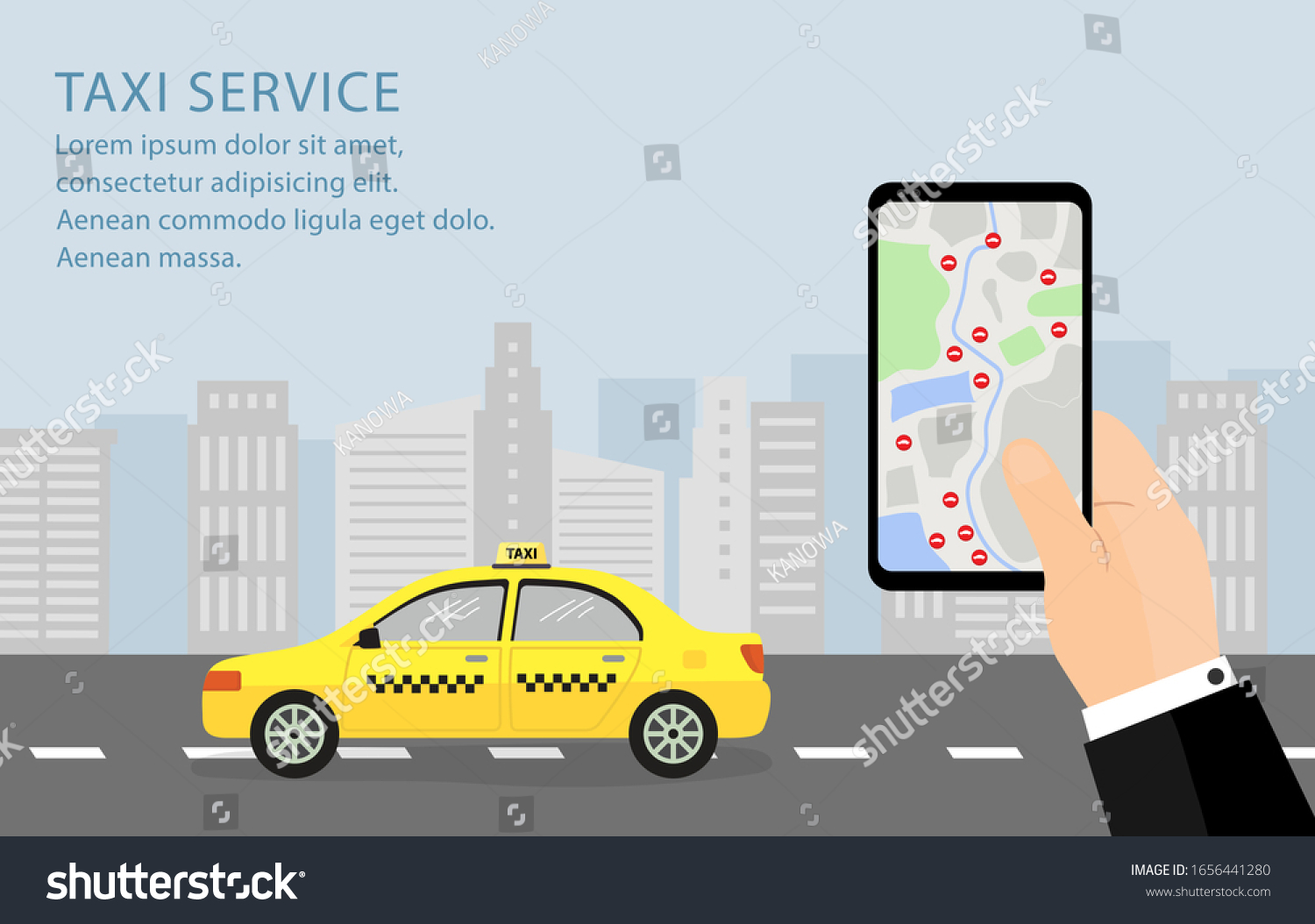 City Taxi Mobile Service of Urban cityscape with taxi cab and ...