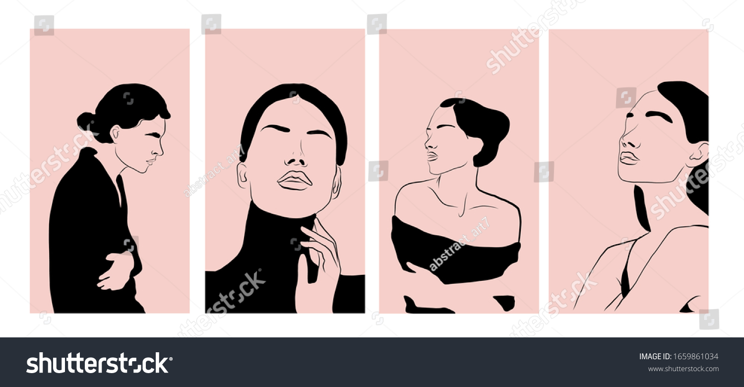 Set of templates with woman minimal figure in simple linear style ...