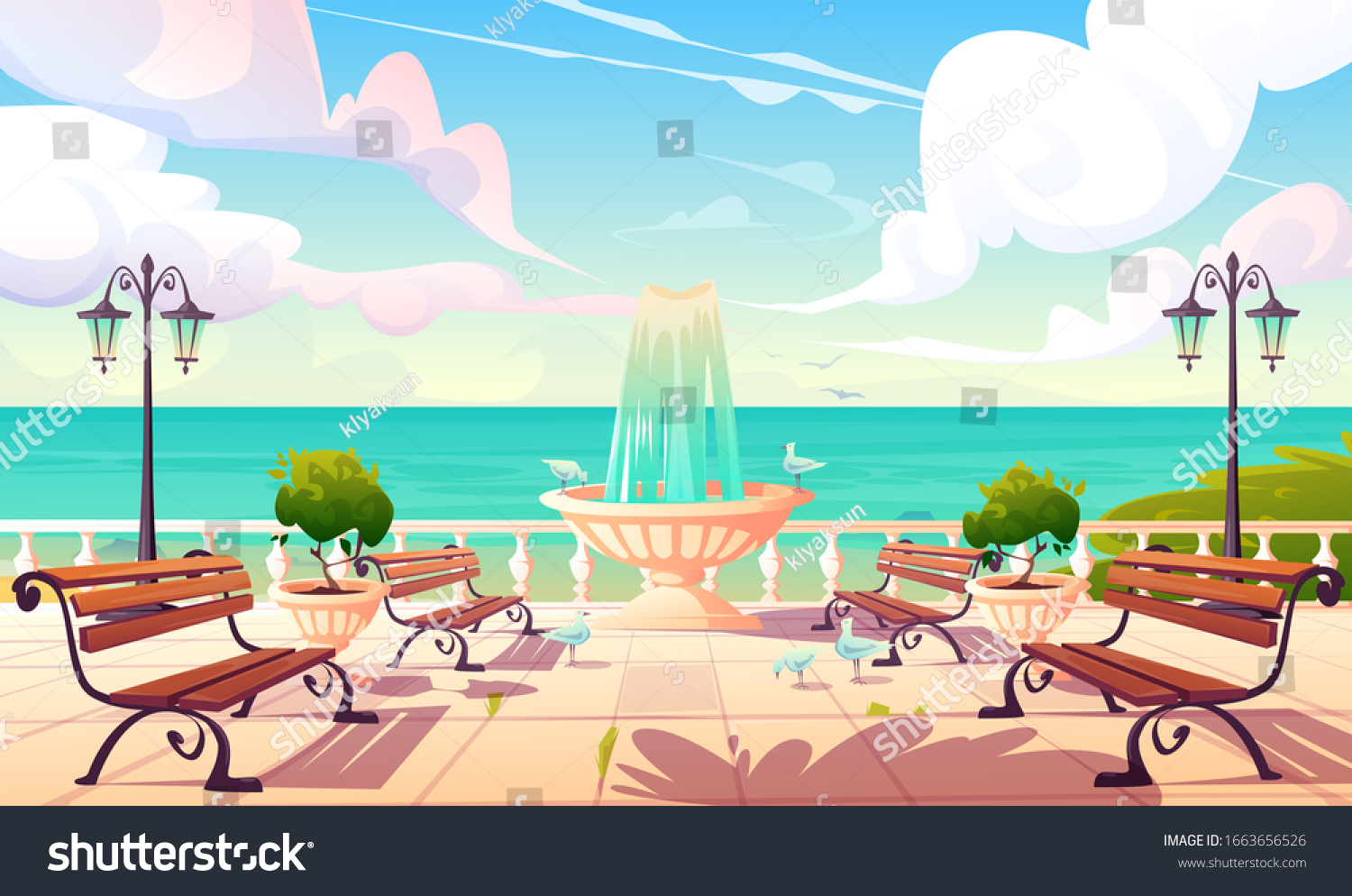 Summer seafront with fountain benches and vintage fence. Vector cartoon ...