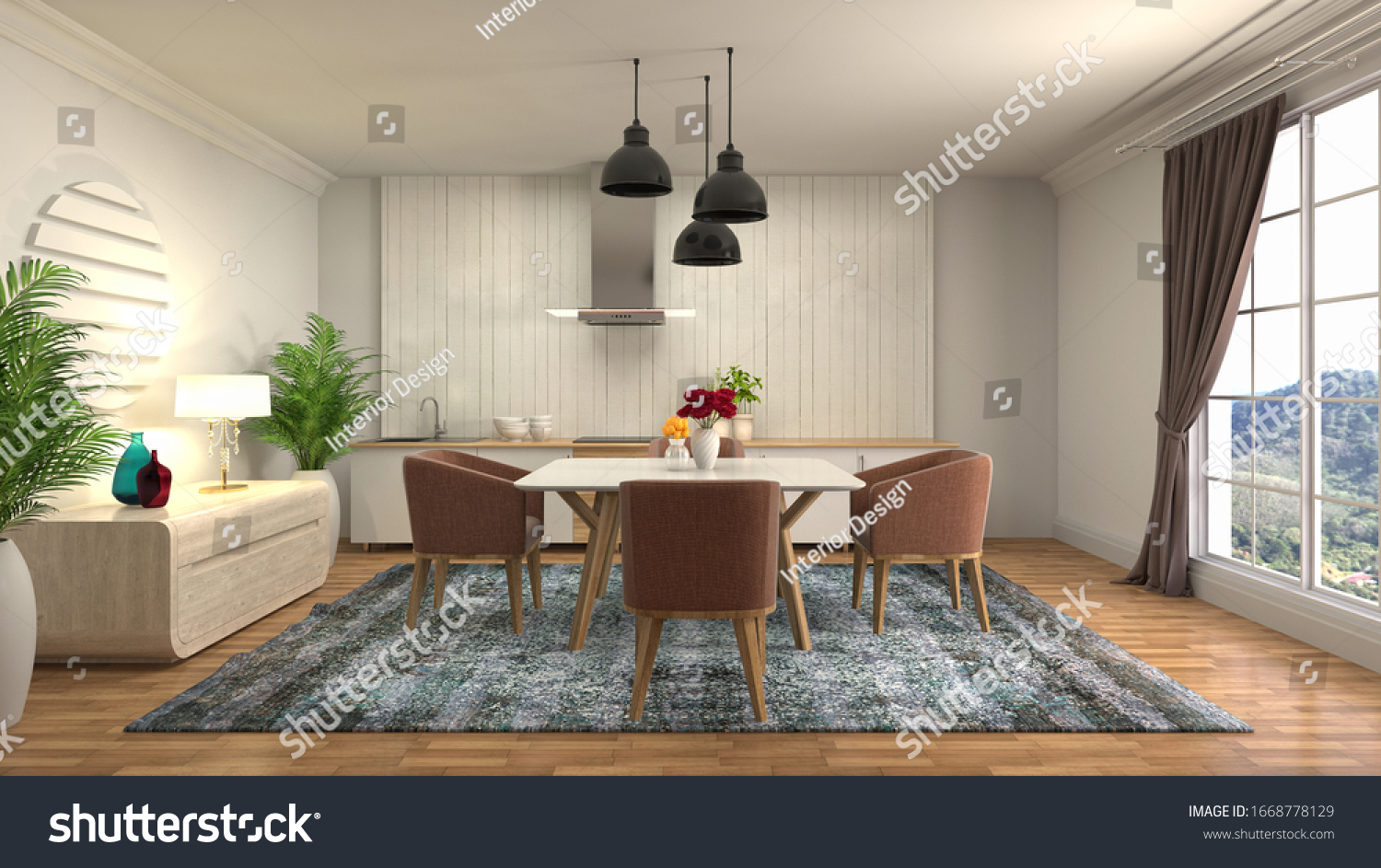 Interior dining area. 3d illustration_站酷海洛_正版图片_视频_字体_音乐素材交易平台_站酷旗下品牌