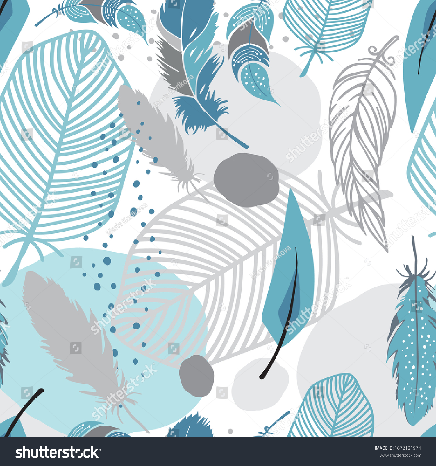 Abstract seamless feathers pattern blue gray colours background. Hand ...