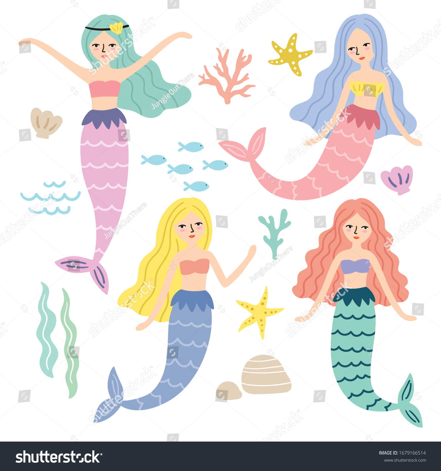 Vector illustration of mermaid princess fishes starfish and under the ...
