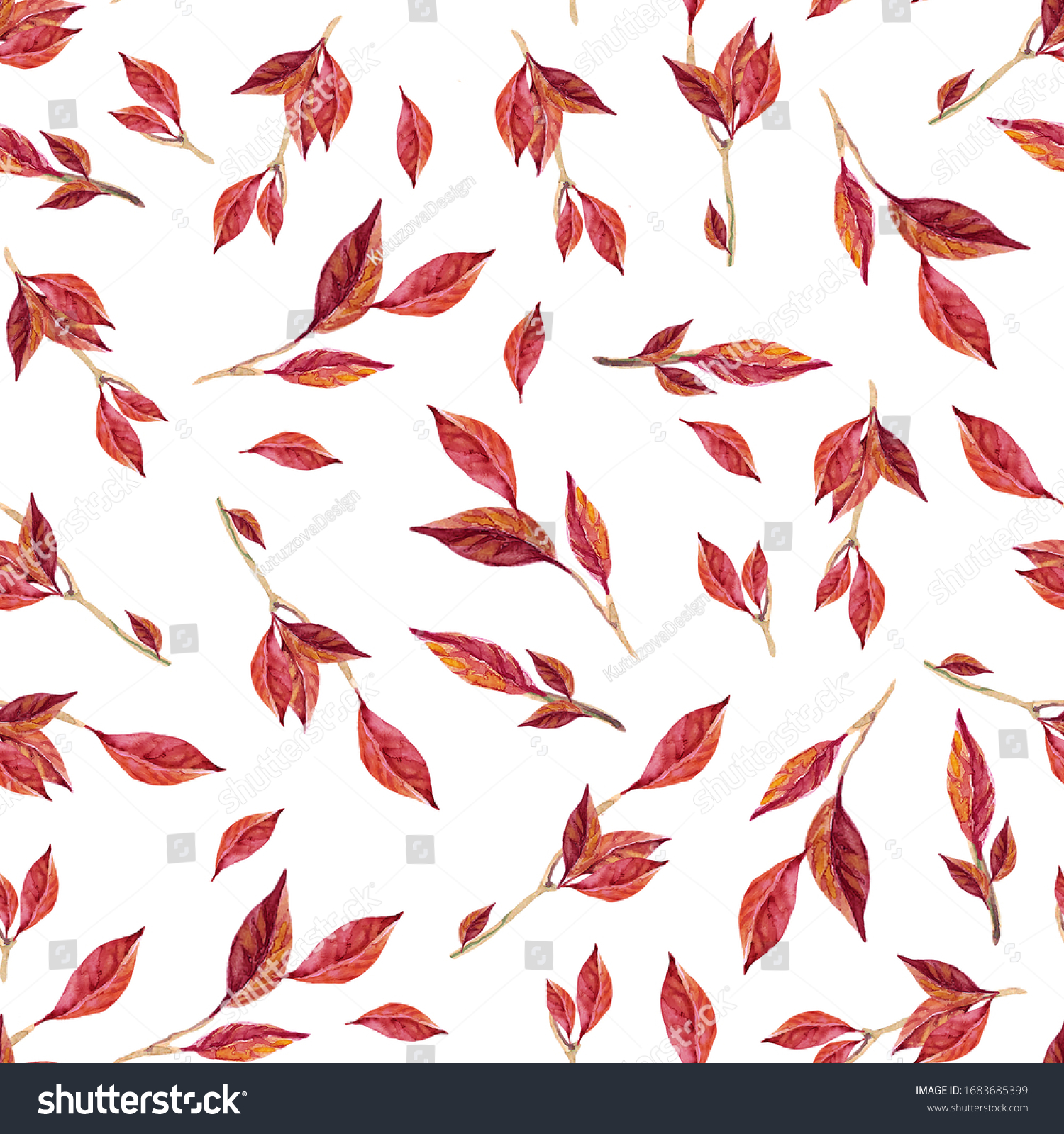 Branches of red leaves pattern. Watercolor seamless illustration. Ideal ...