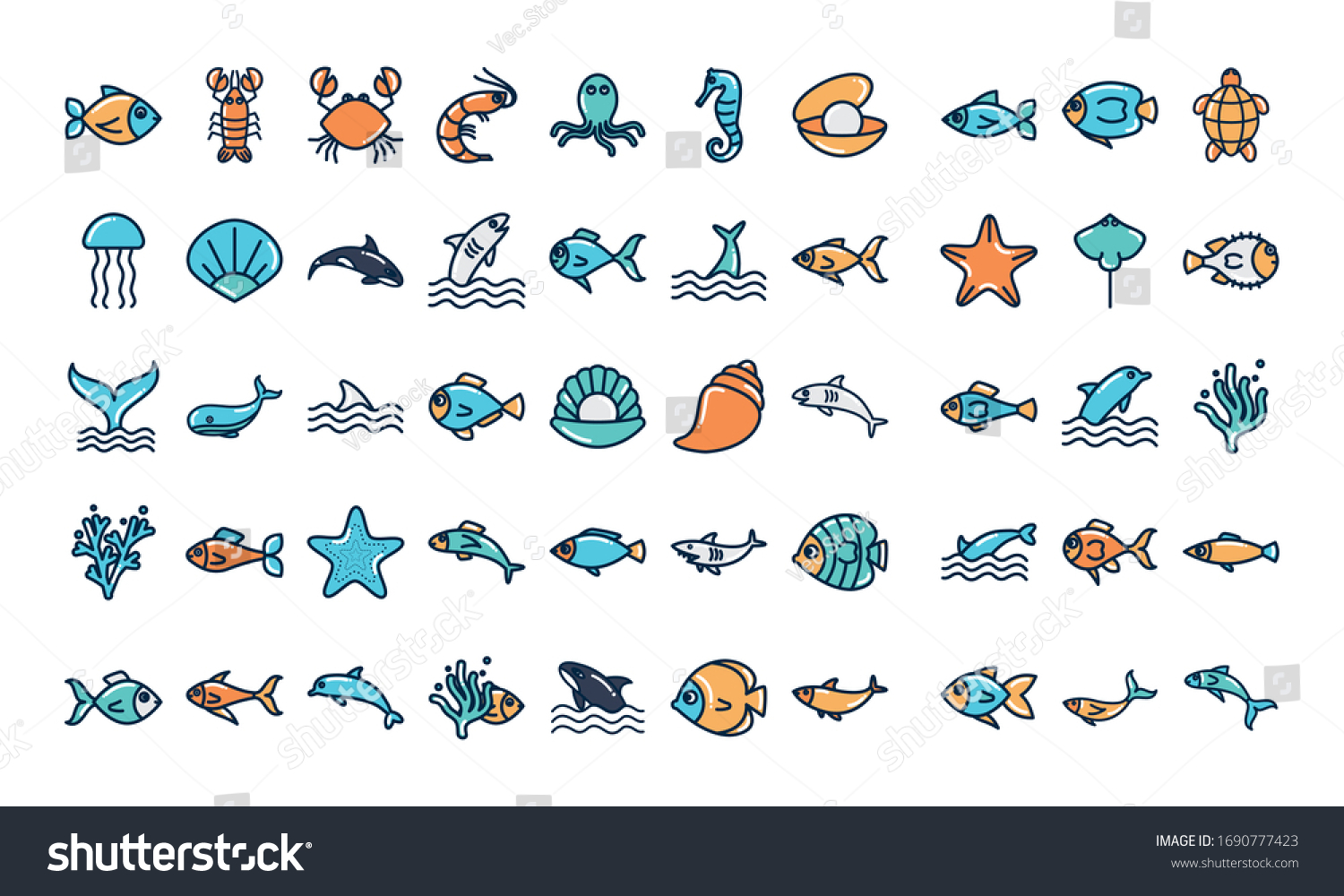 fill style icon set design Sea animals life ecosystem fauna ocean ...