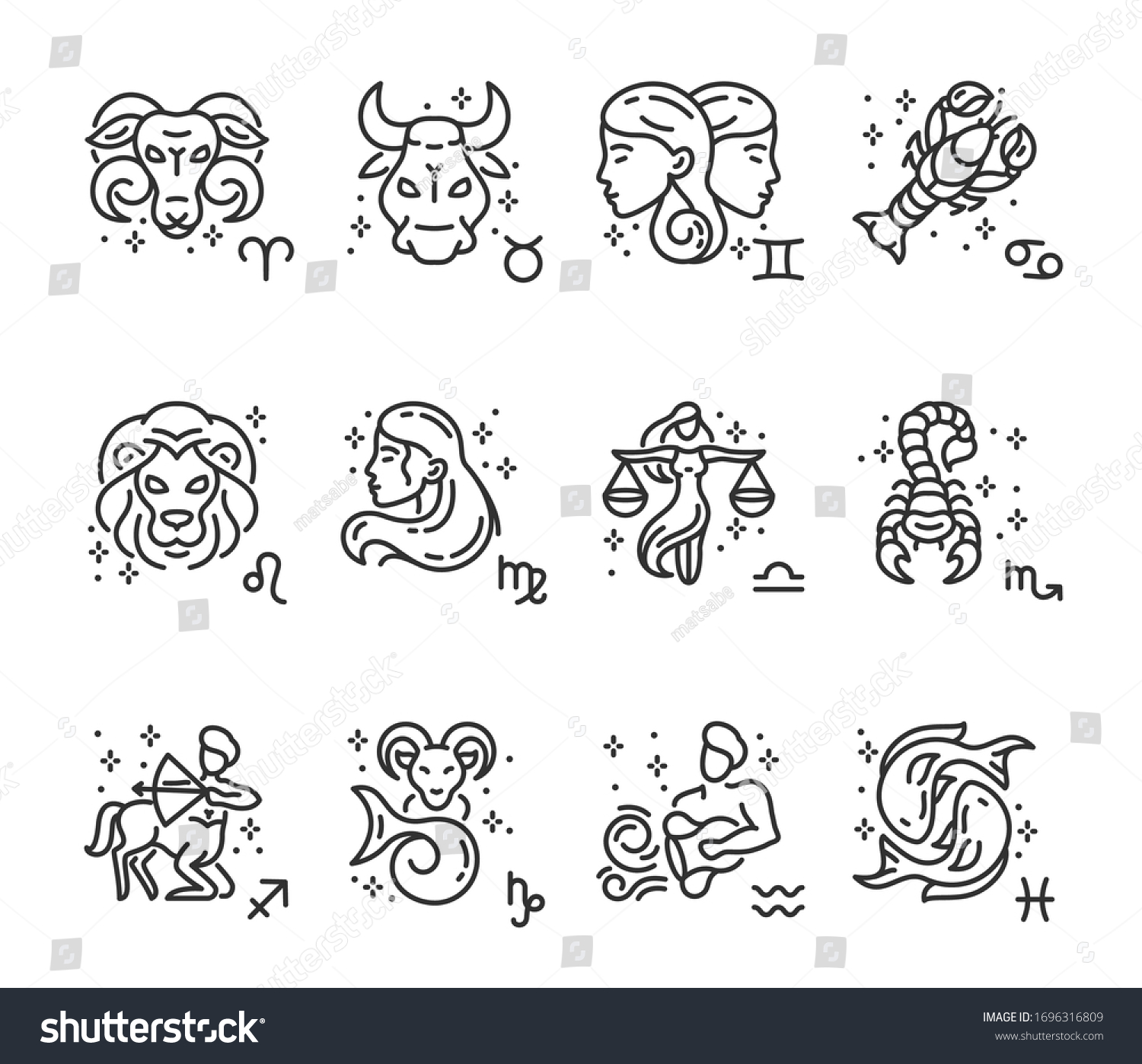 Zodiac astrological signs icon set. Horoscope. Aries Taurus Gemini ...
