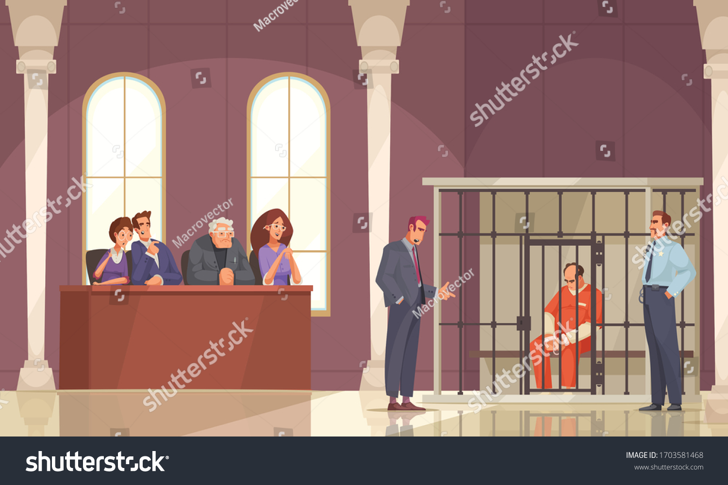 Law justice composition with indoor court scenery and prisoner in cage ...