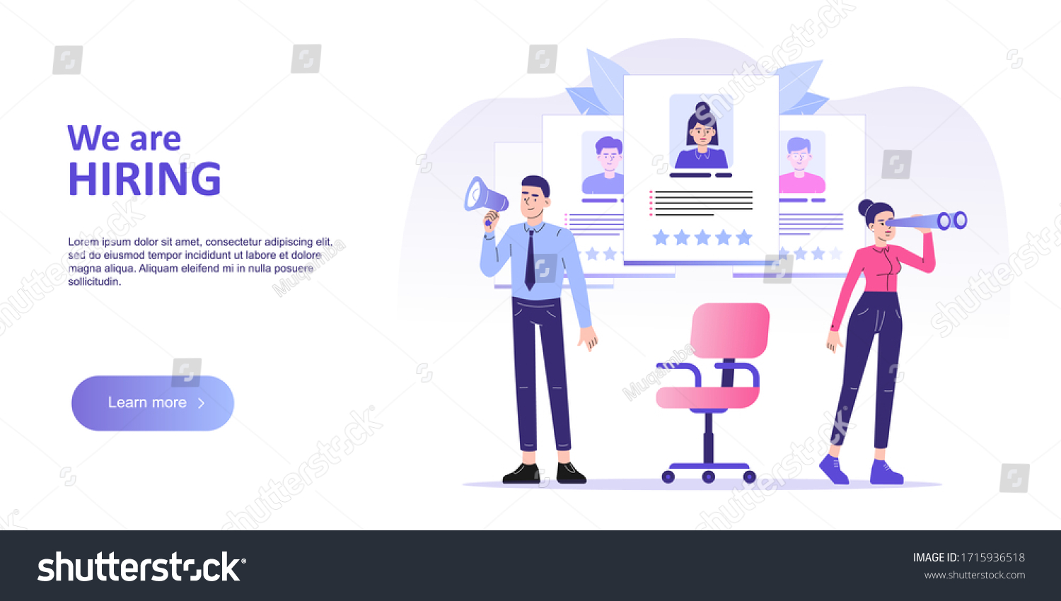 We are hiring web landing page template. Young HR man shout out with ...