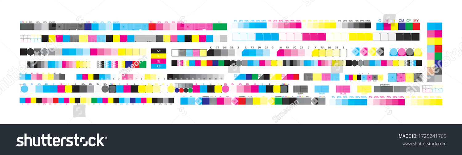 CMYK print test control scales. Vector set color bar CMYK and test ...