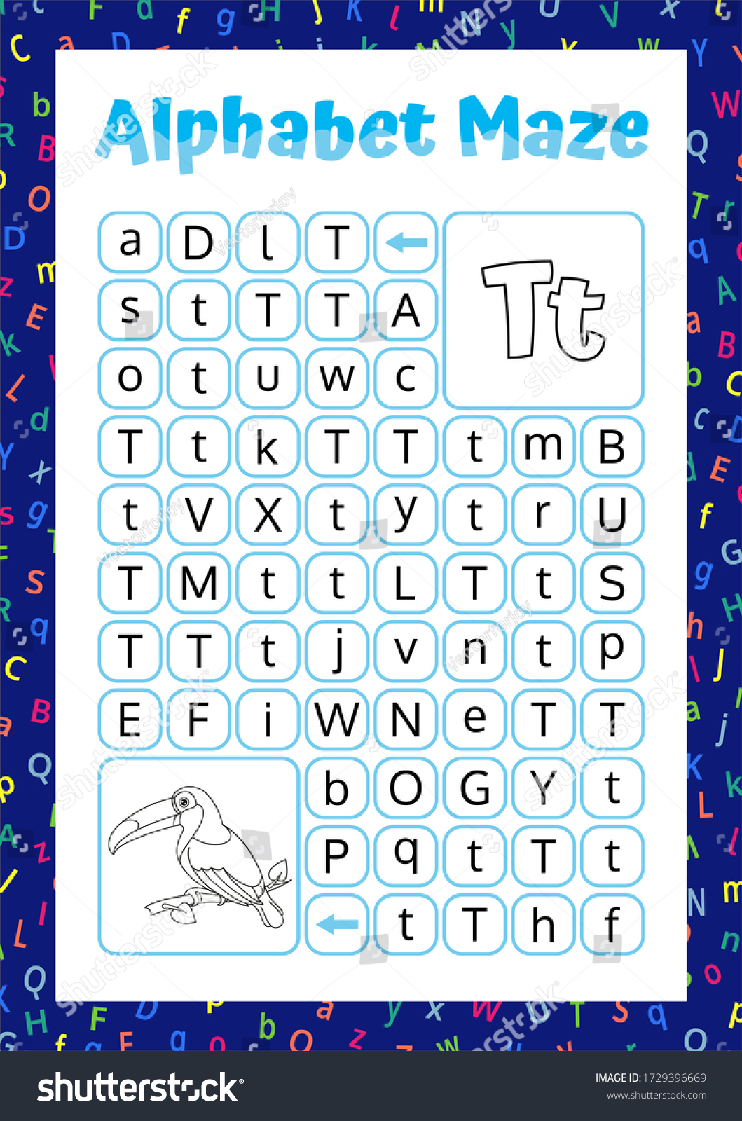 Alphabet Maze. Letter T - Toucan. Educational Puzzle Worksheet. Vector ...