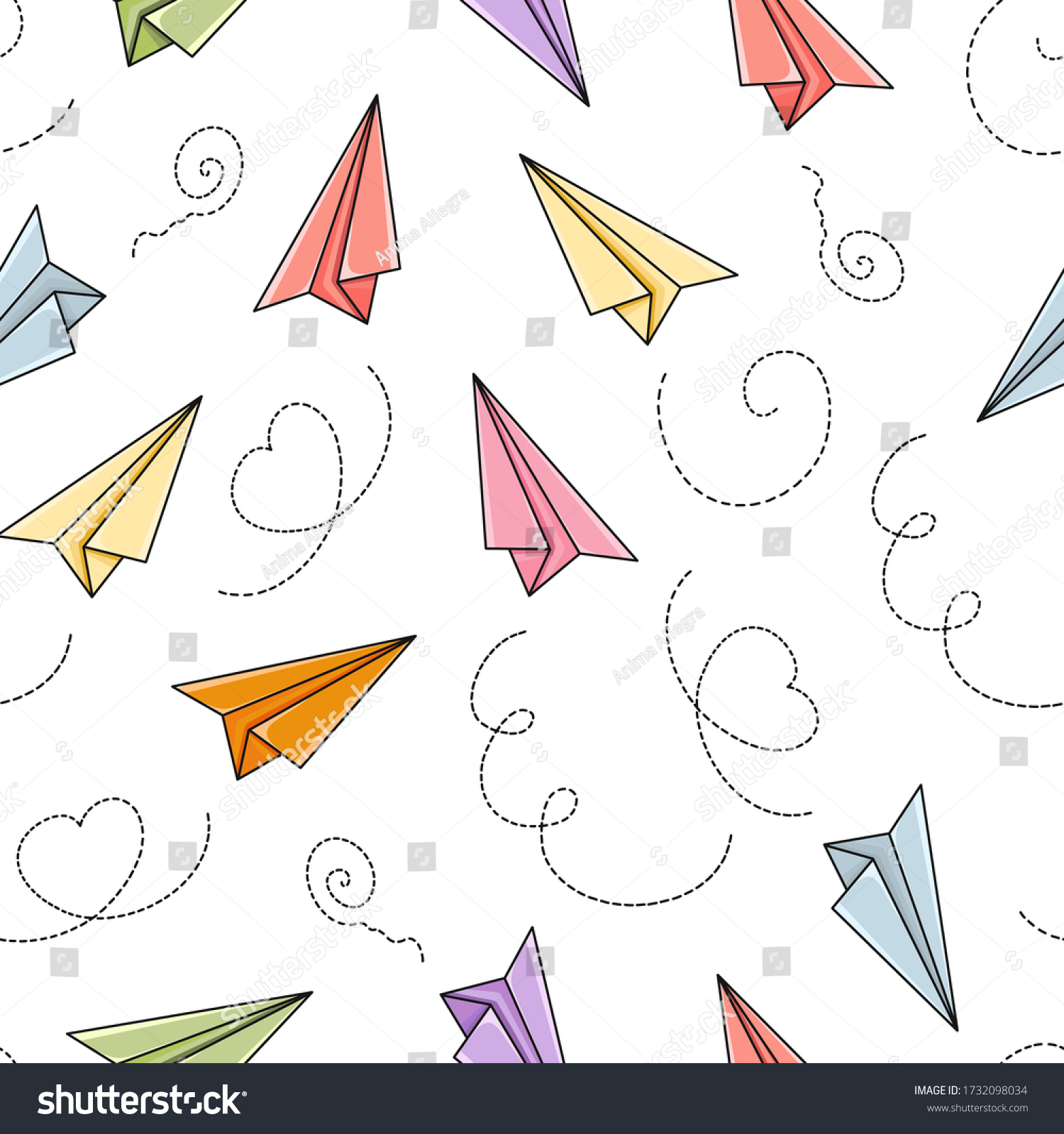 Vector hand drawn seamless pattern with colorful origami paper planes ...