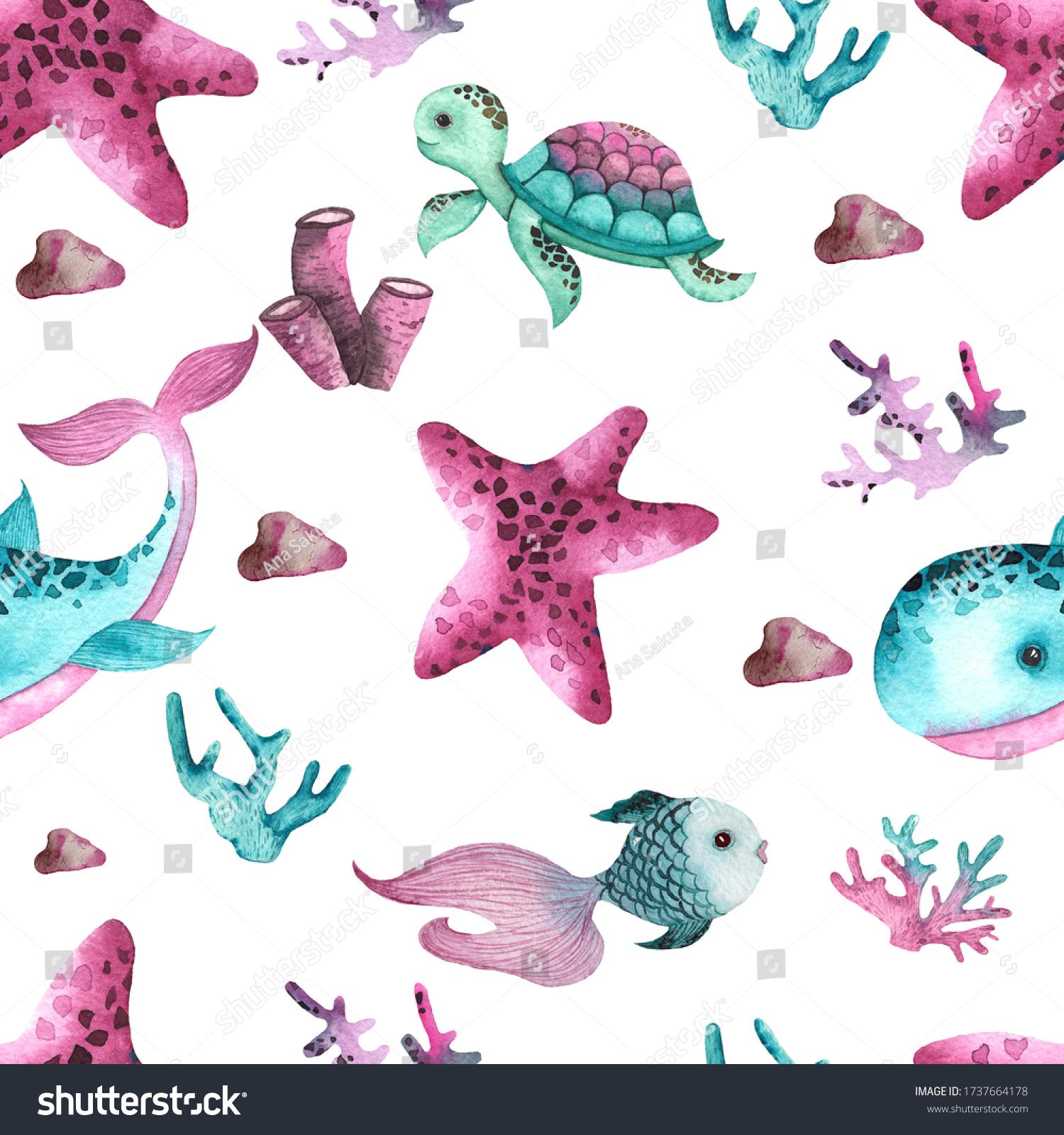 Watercolor hand painted seamless border with underwater creatures cute ...