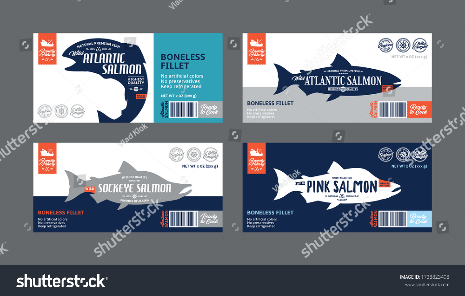 Vector salmon horizontal labels. Atlantic sockeye and pink salmon fish ...