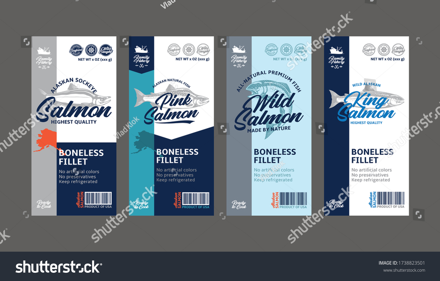 Vector salmon vertical labels. Wild chinook sockeye and pink salmon ...