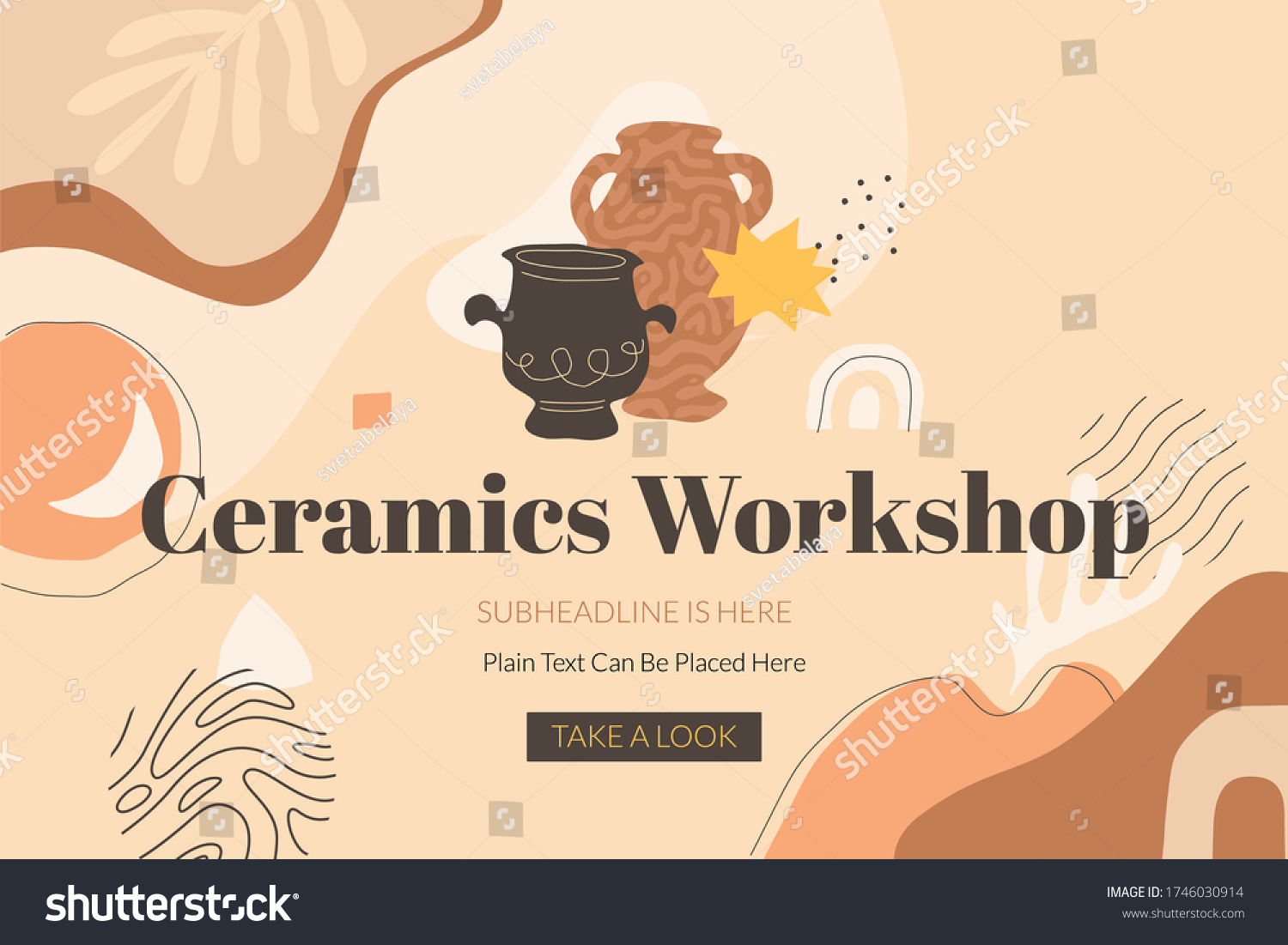 Ceramics workshop banner template with two clay pots and abstract ...