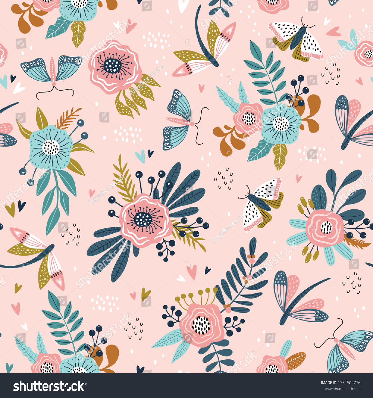 Colorful seamless pattern with insects and flowers. Summer floral ...