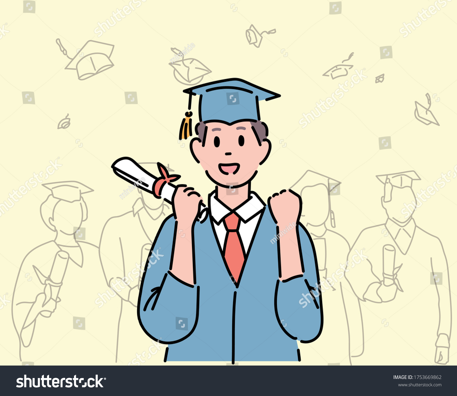 A graduate who enjoys wearing a graduation gown. hand drawn style ...