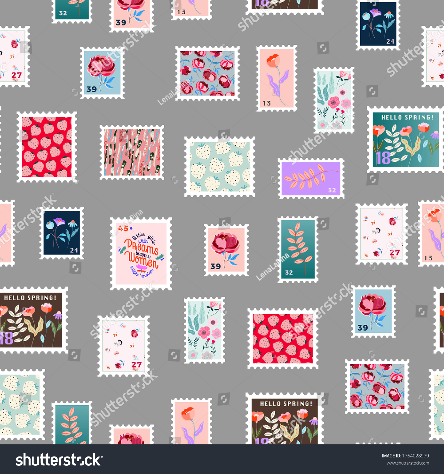 Hand-drawn post stamp seamless pattern. Variety of modern vector post ...