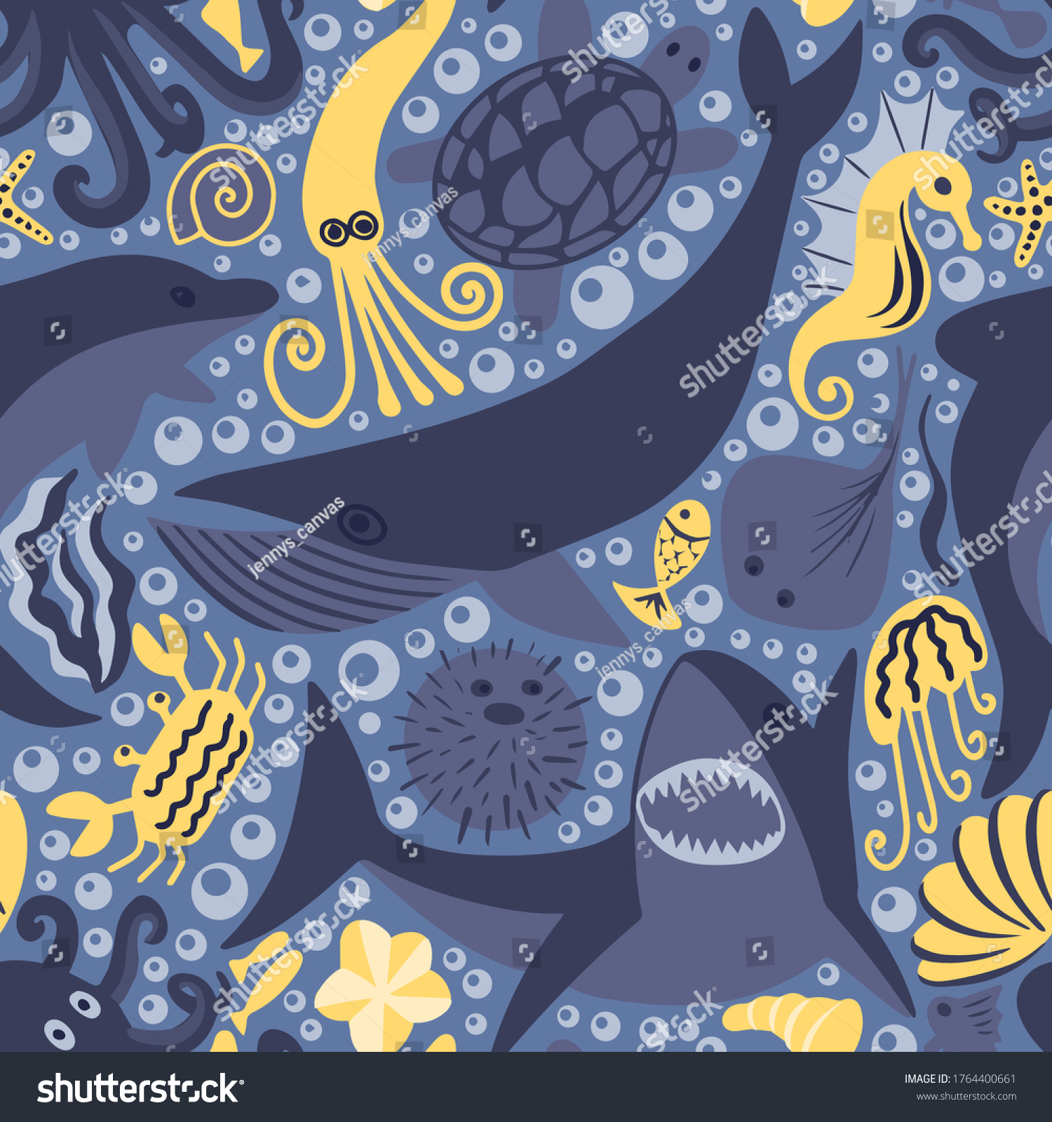 Vector seamless pattern with cute sea ocean animals. Print for ...