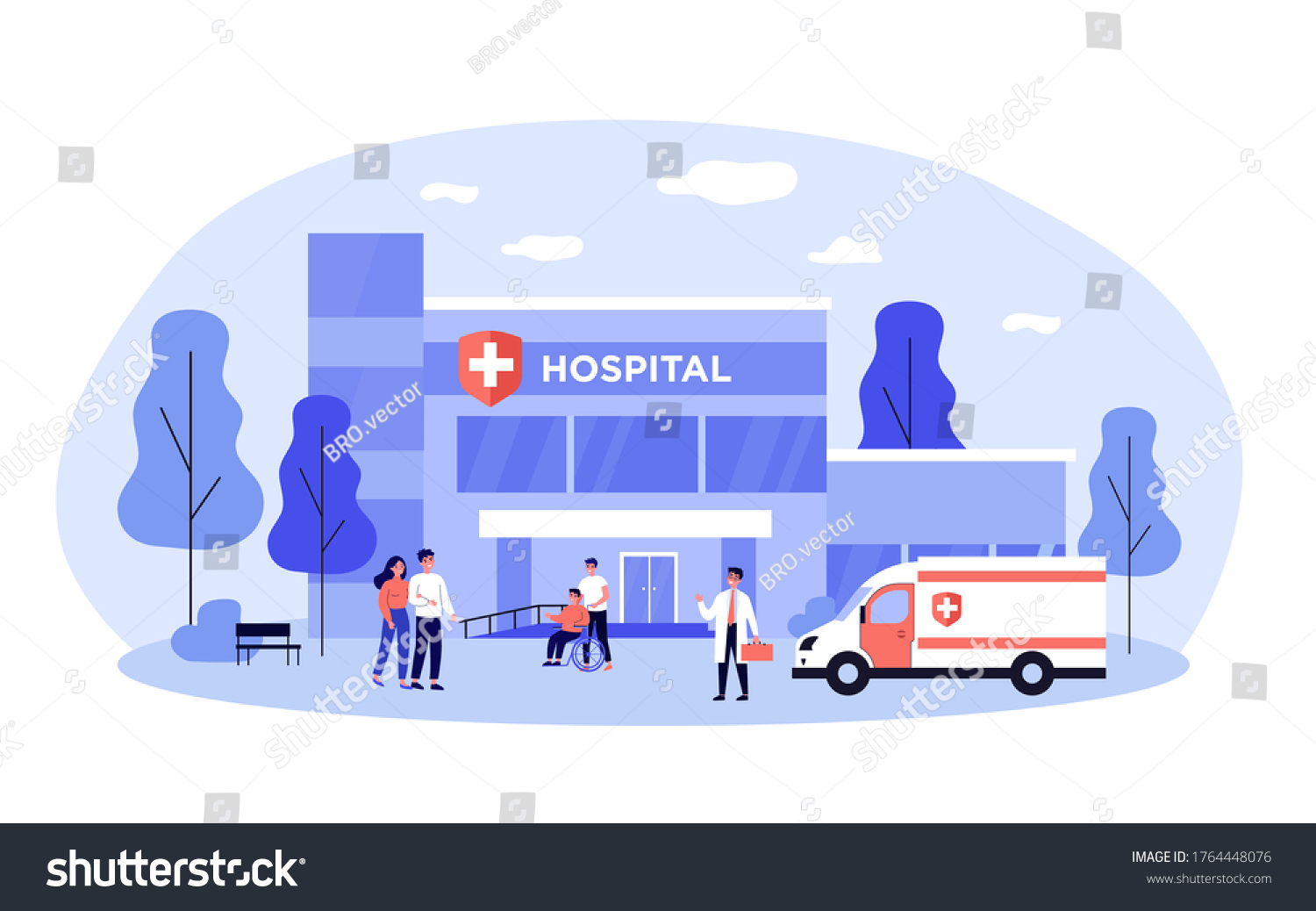Hospitalized patients and doctors near hospital flat vector ...
