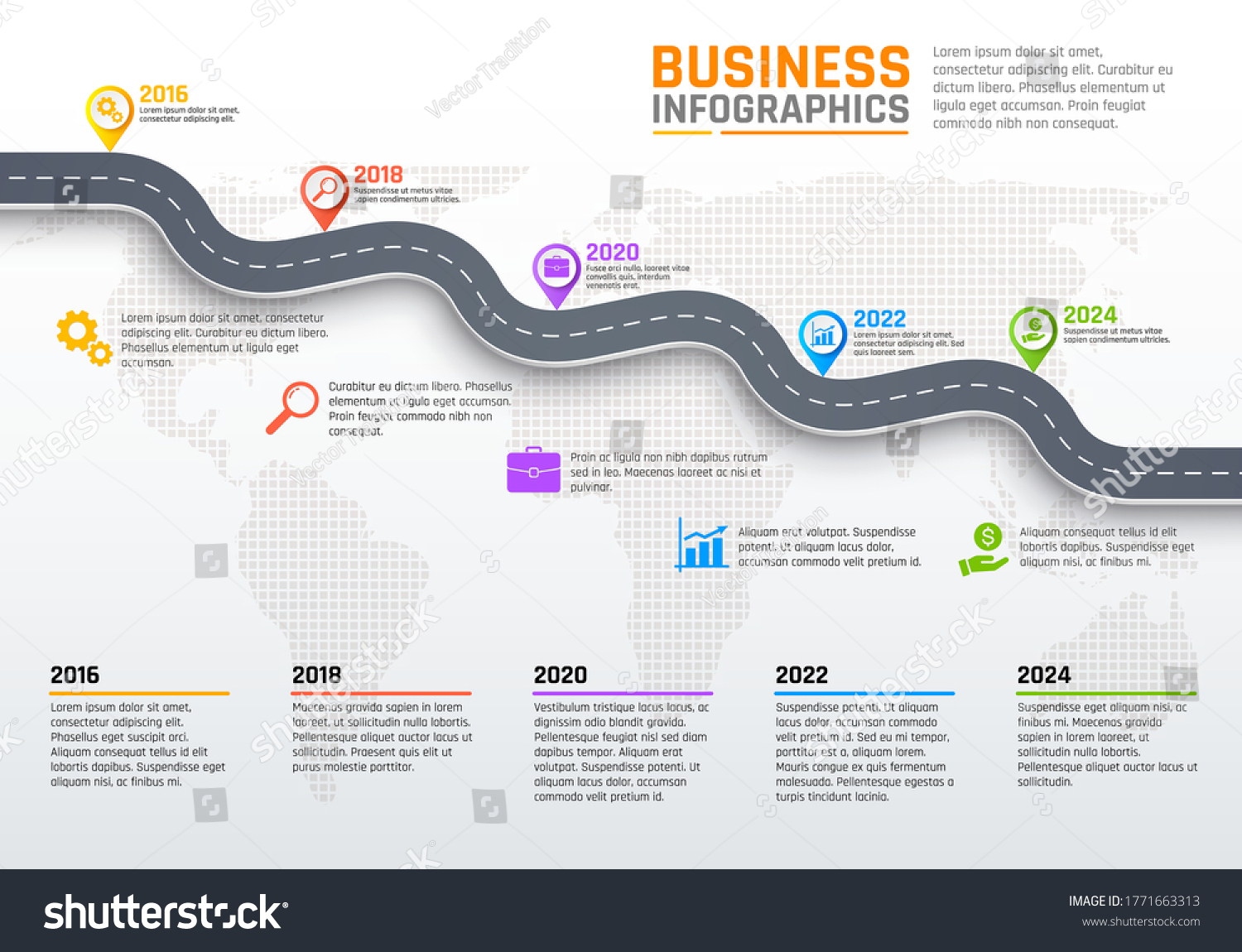 Business infographics stages of road or pathway development per year ...