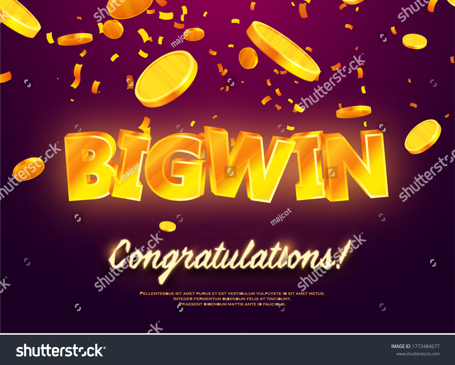 The gold word Big Win. Gold coins falling. Luck banner for gambling ...