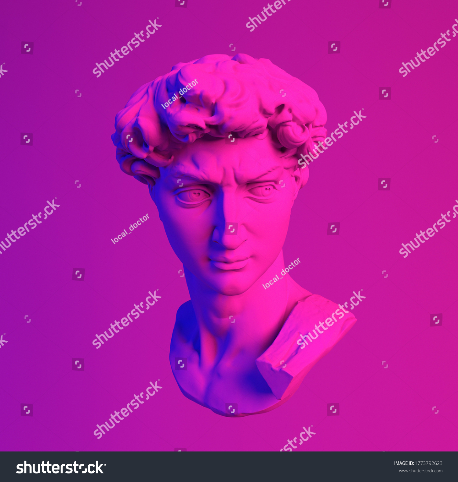 3D rendering of Michelangelo's David head in neon lightning. Classical ...