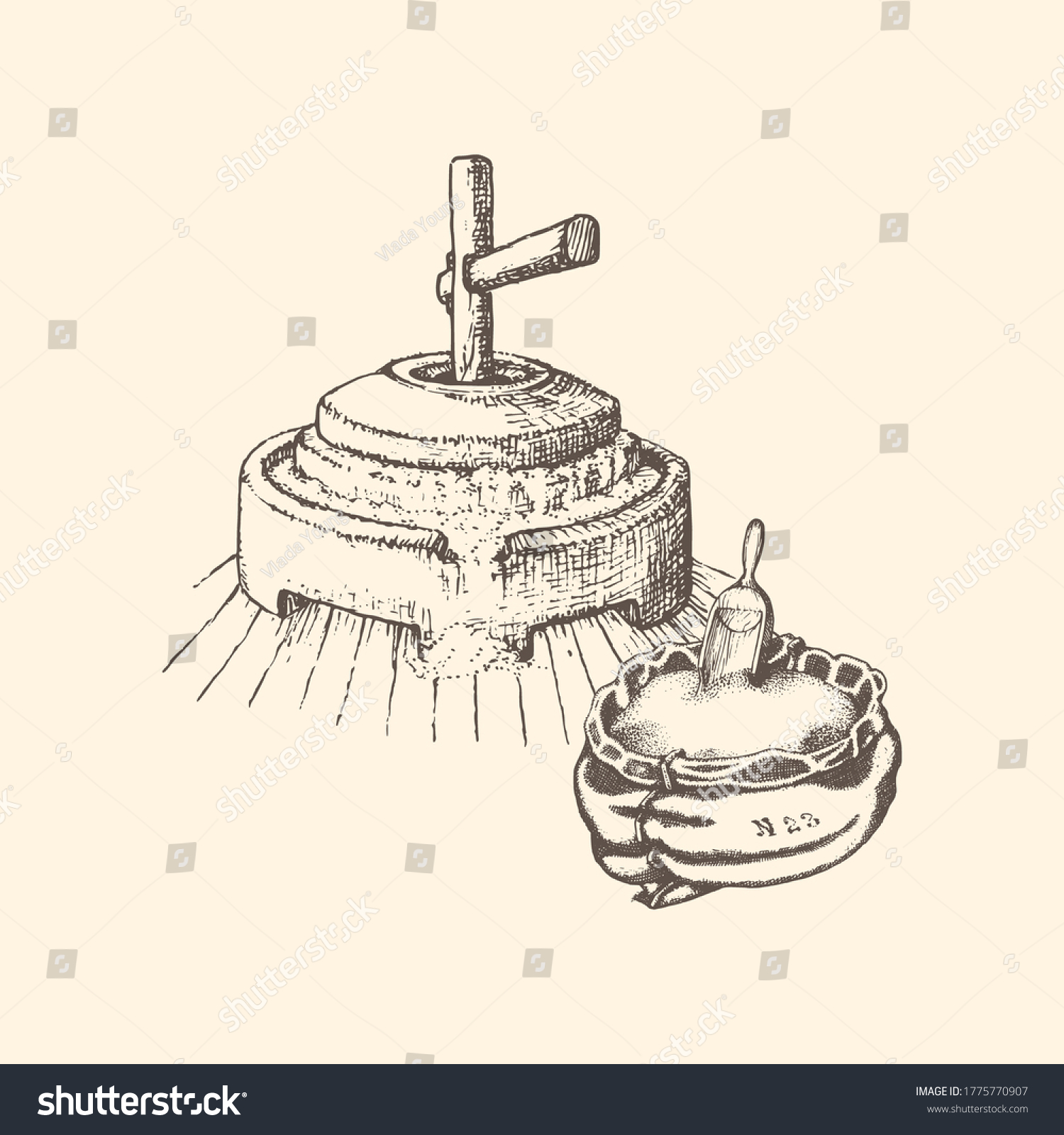 Graphic illustration of millstone and grain sack in vector. Hand drawn ...
