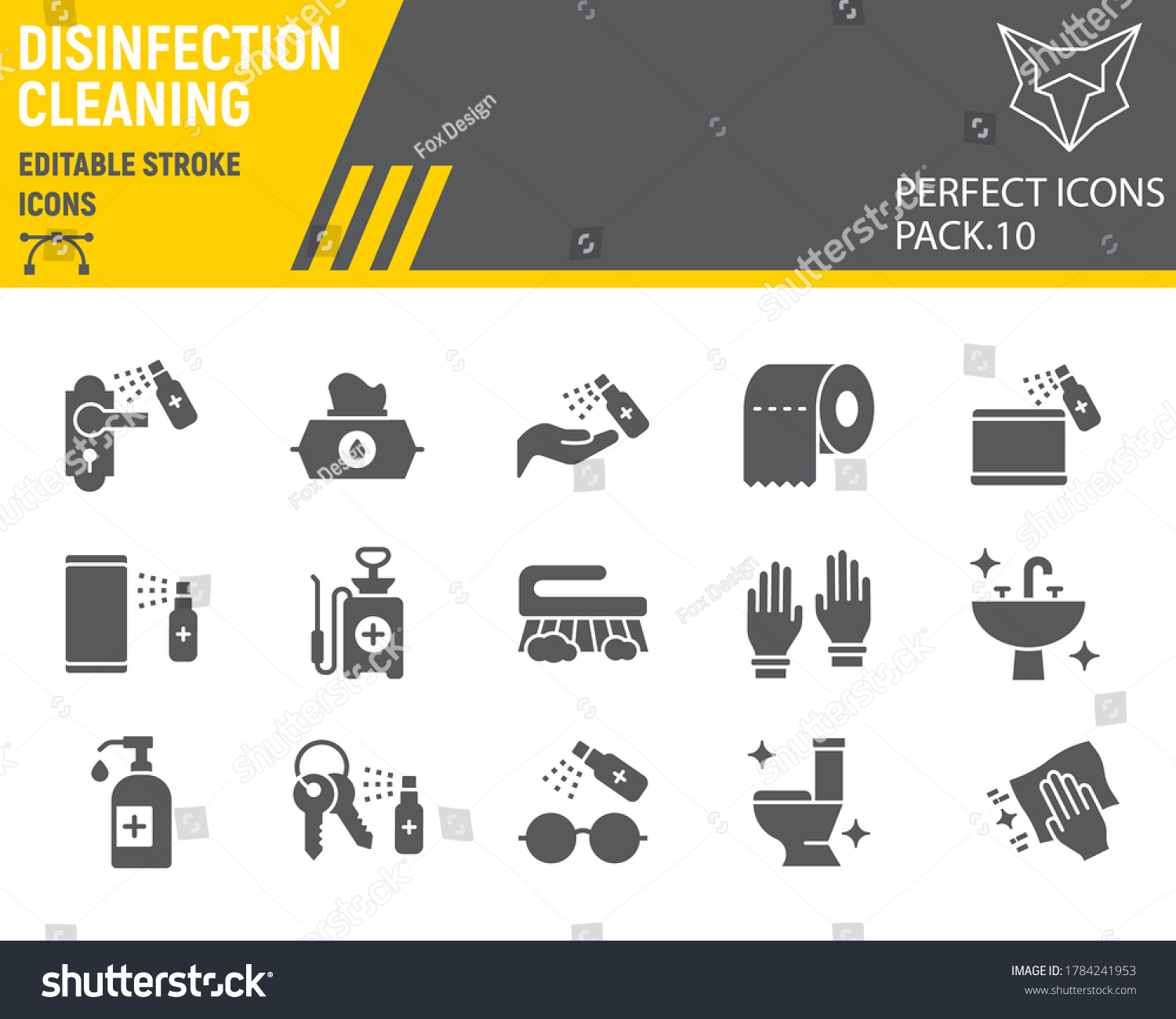 Disinfection glyph icon set cleaning symbols collection vector sketches ...