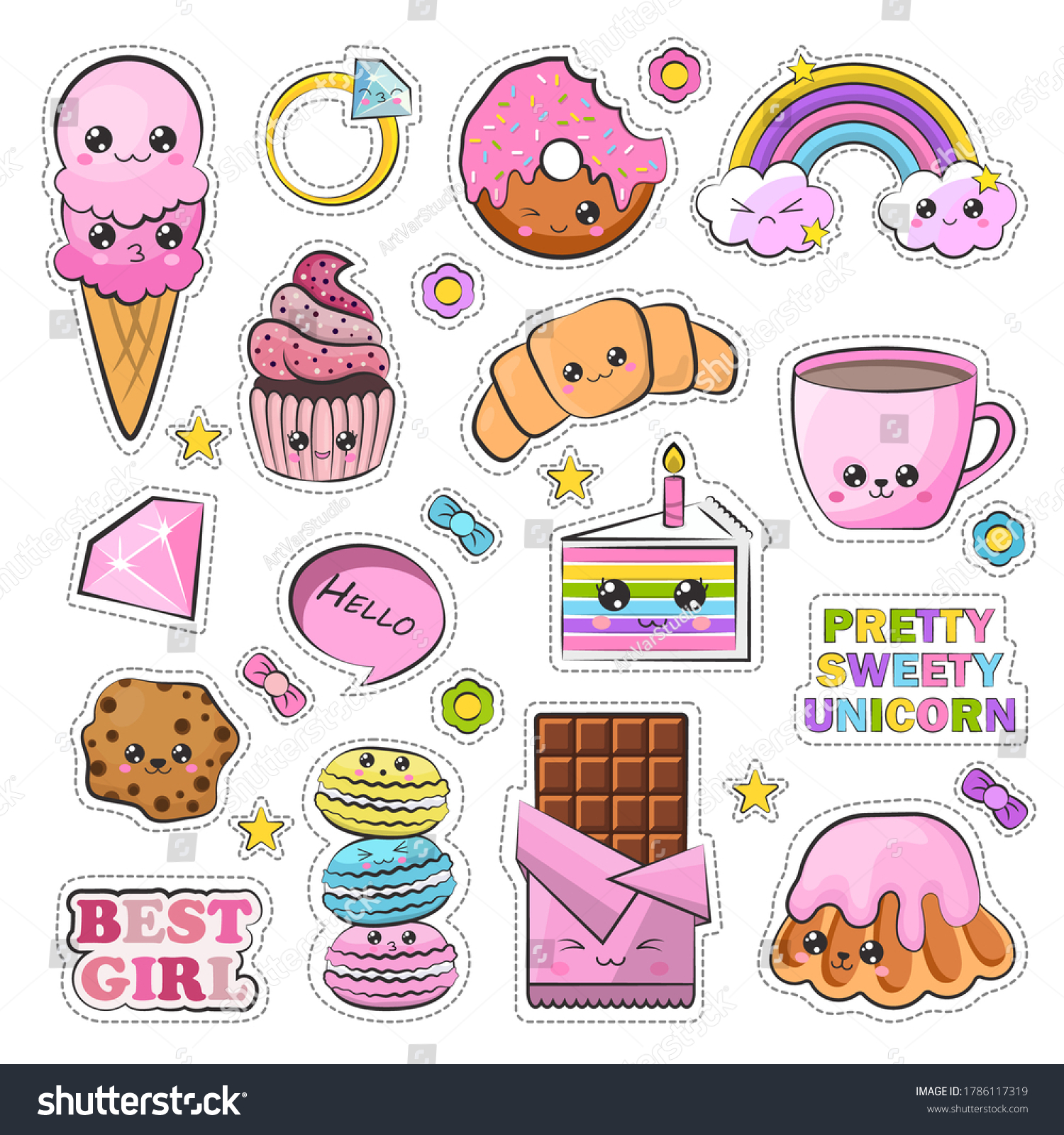 Bright and colorful kawaii style dessert set. Ice cream cupcake ...
