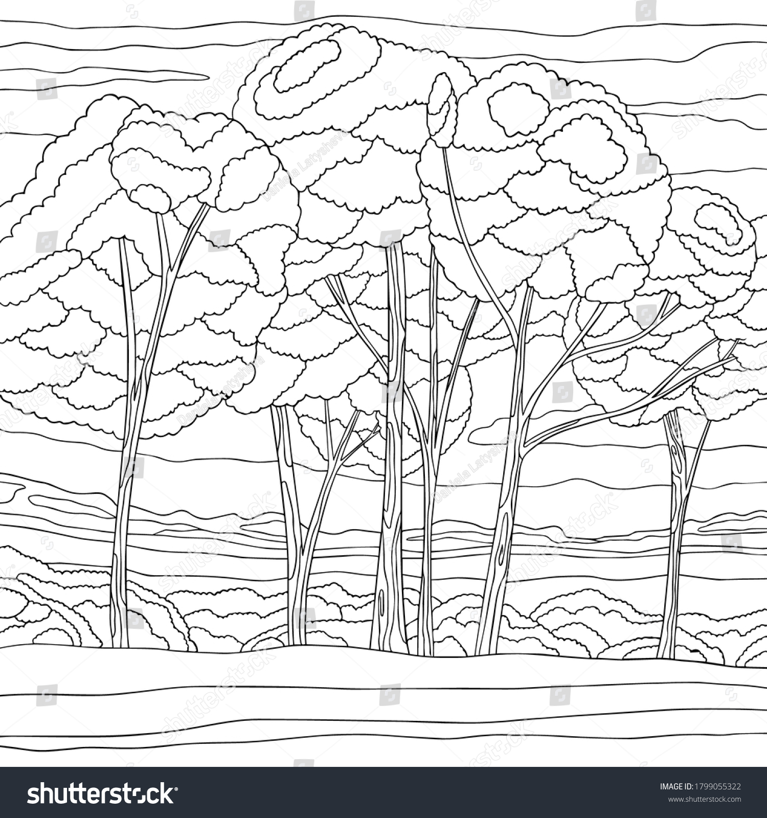Sketch landscape with trees sky road shrubs. Coloring book page for ...
