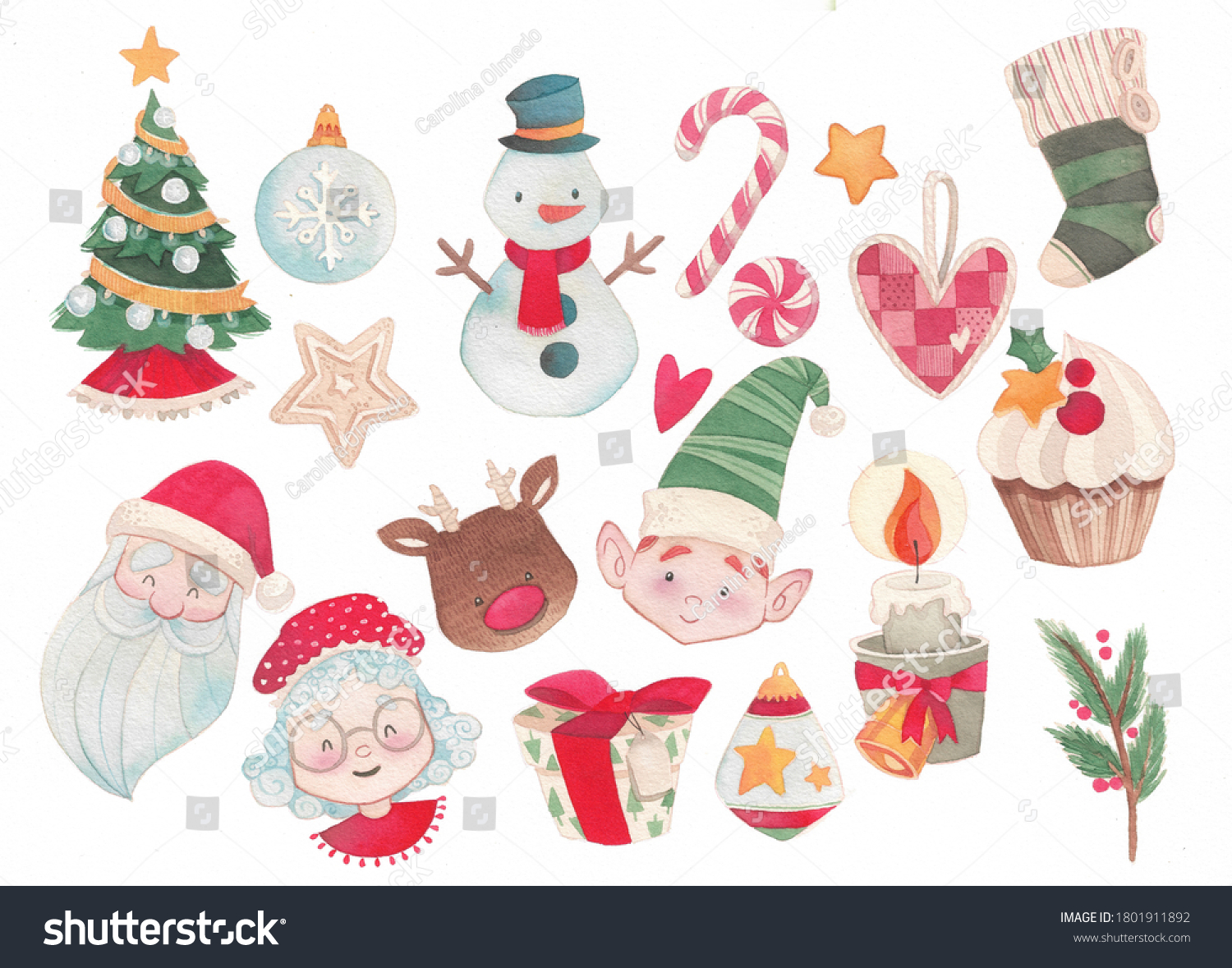 hand painter watercolor illustration of classic christmas characters ...
