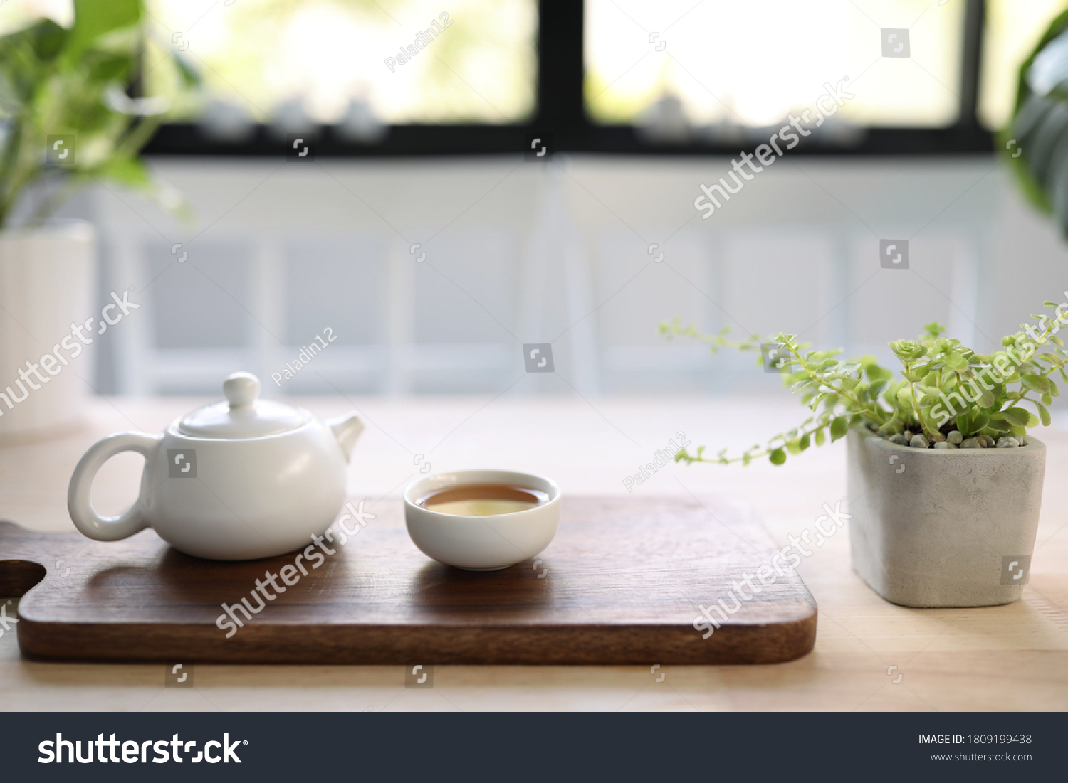 Traditional east asian white teapot and cup with small green plant on ...
