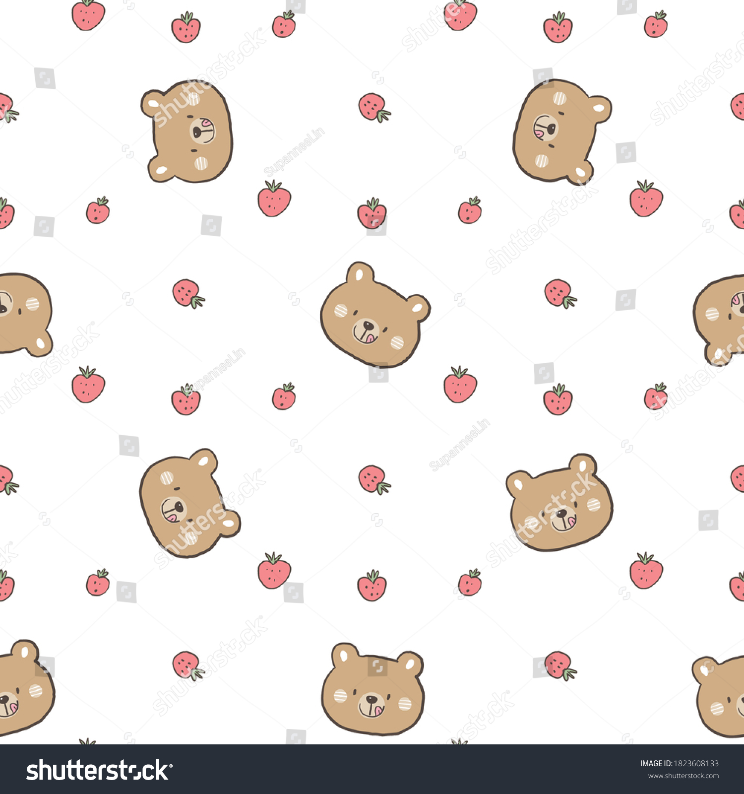Seamless Pattern with Cartoon Bear Face and Strawberry Design on White Background_站酷海洛_正版图片_视频 ...