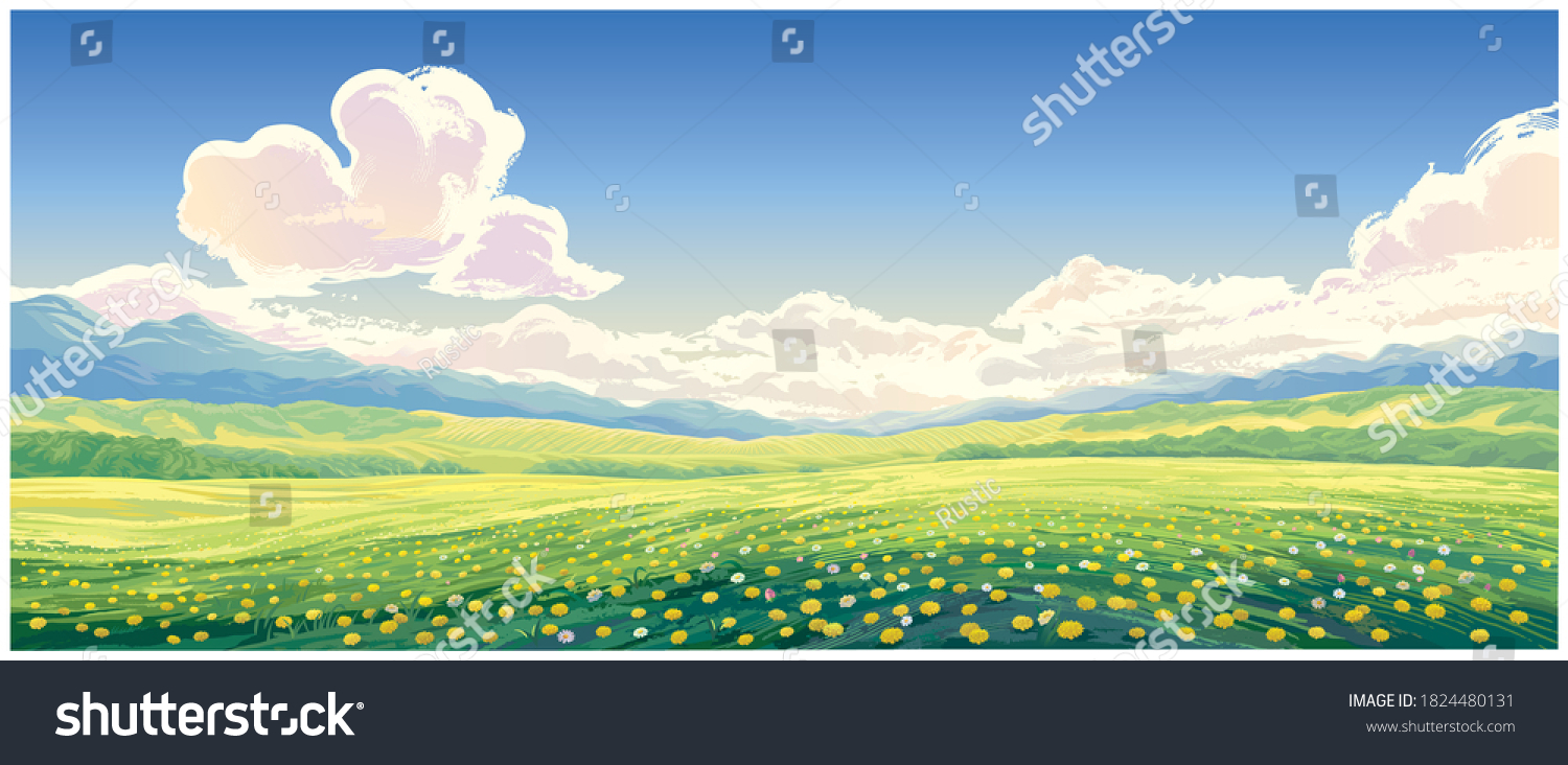 Summer rural landscape with blooming glade with dandelions in the ...