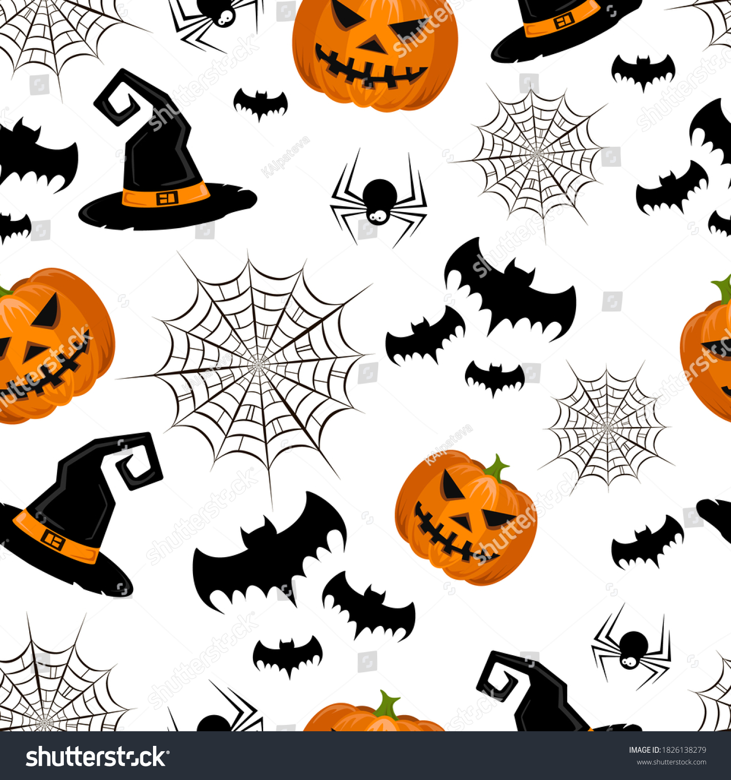 Halloween seamless background with pumpkin spider webs bats and witch ...
