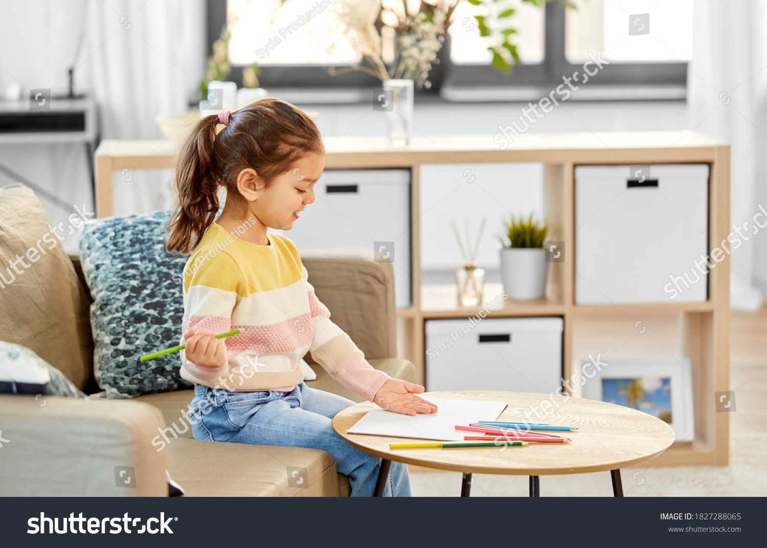 childhood creativity and art concept - happy smiling little girl ...