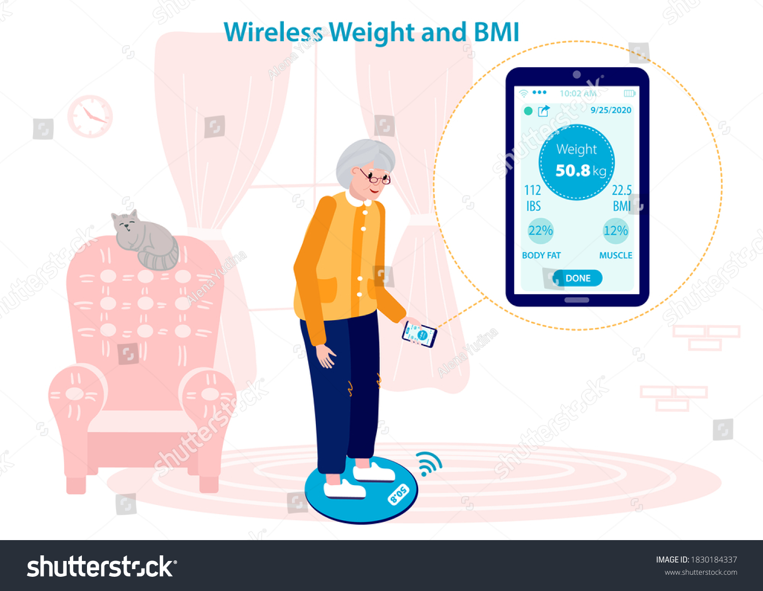 Senior woman measuring her Weight and BMI on a Wireless Weighing ...