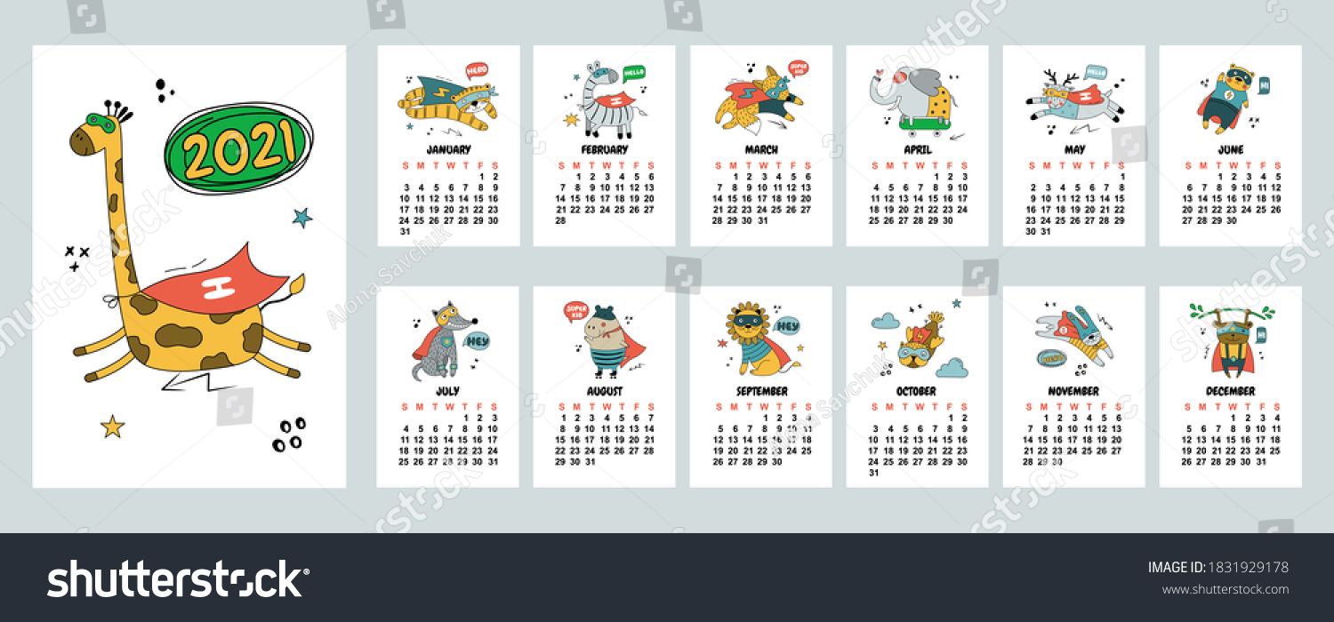 Calendar 2021 with hand-drawn animals. Set with 12 months. Vertical ...