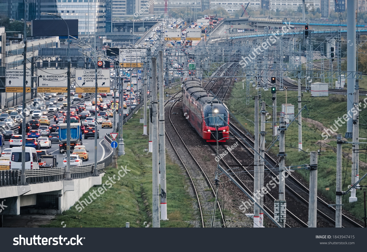 Moscow third transport ring motorway and commuter trains near the ...