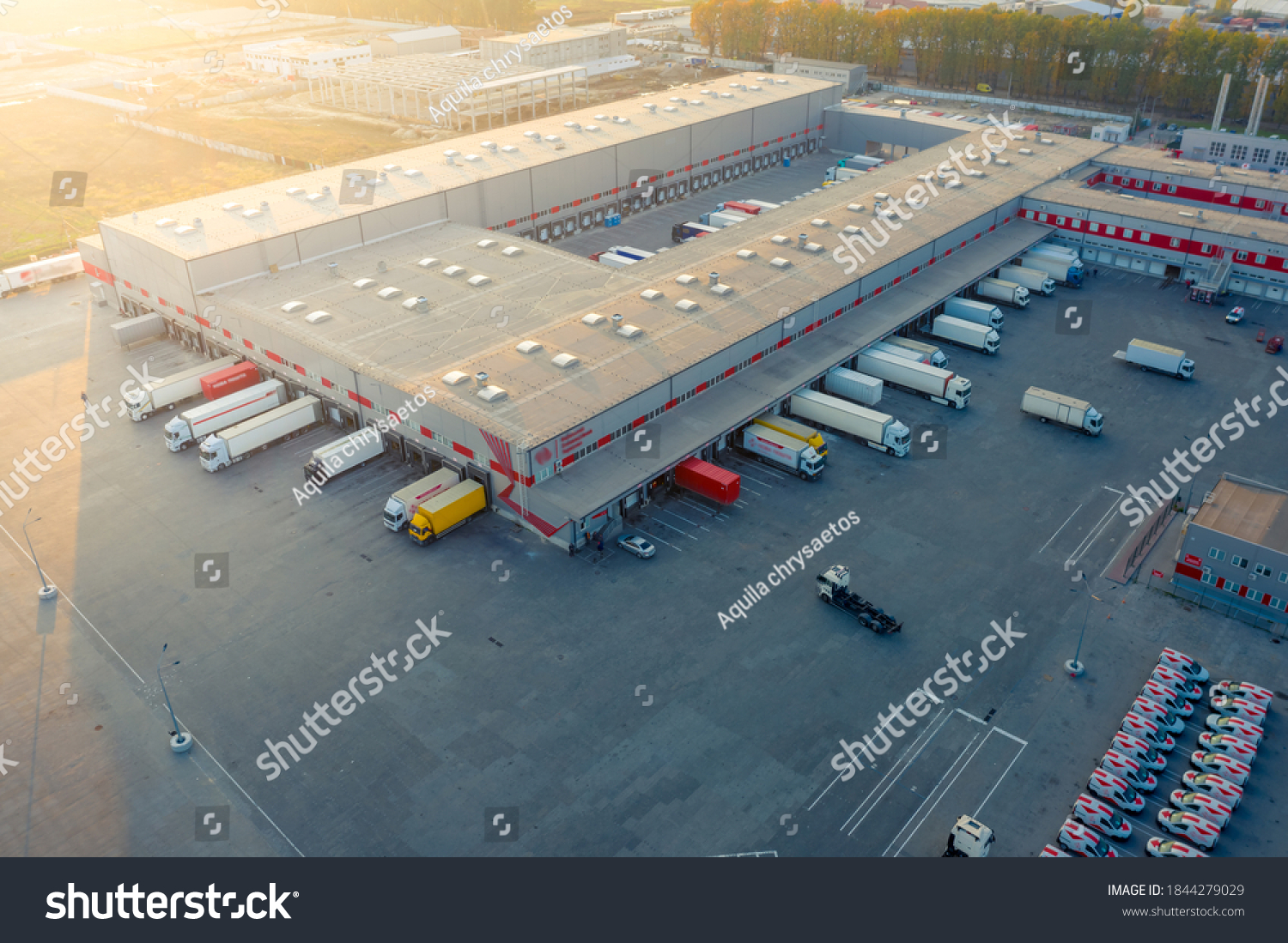 Aerial view of a logistics park with warehouse loading hub and many ...