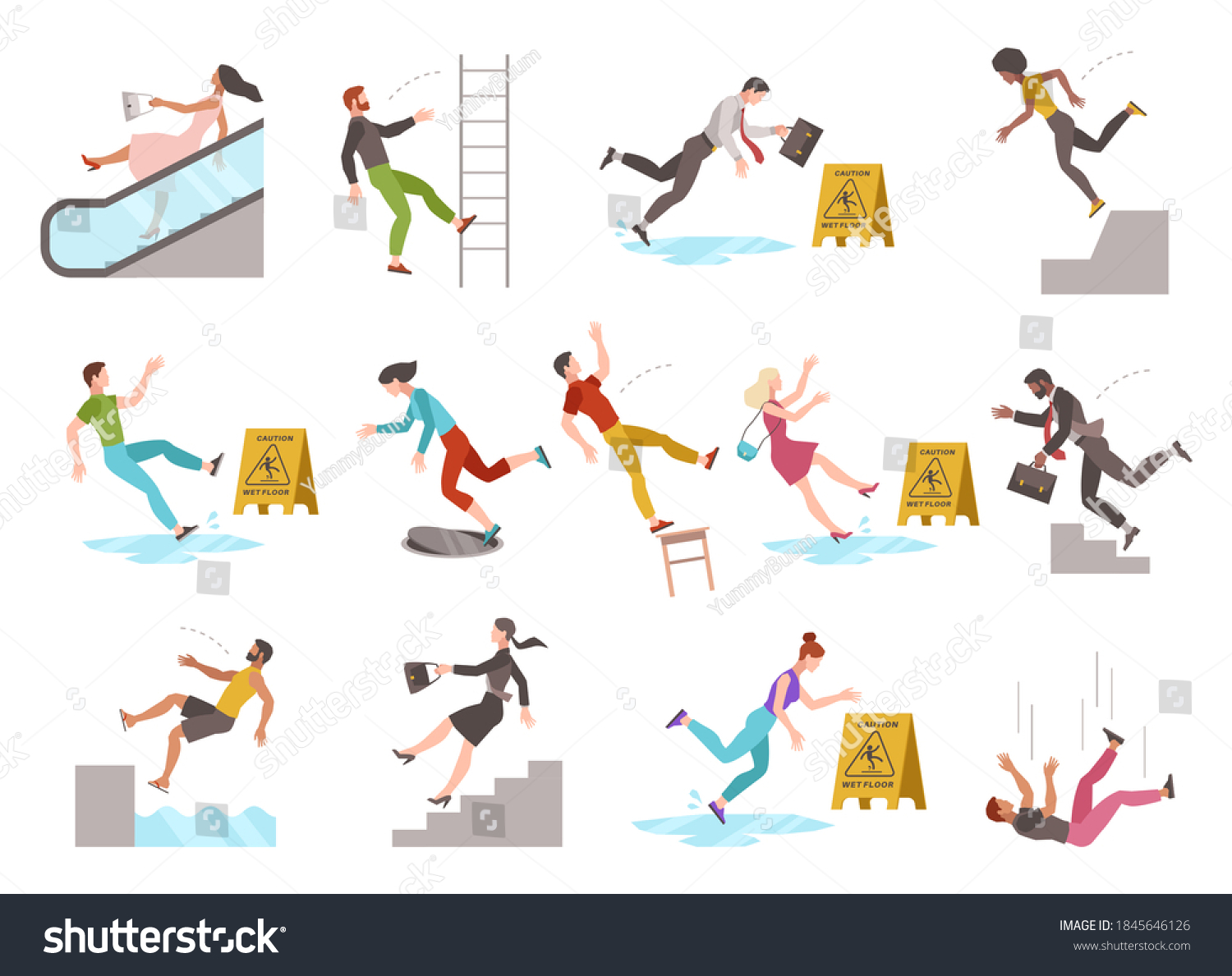Falling people. People of different ages stumblng and jumping down ...