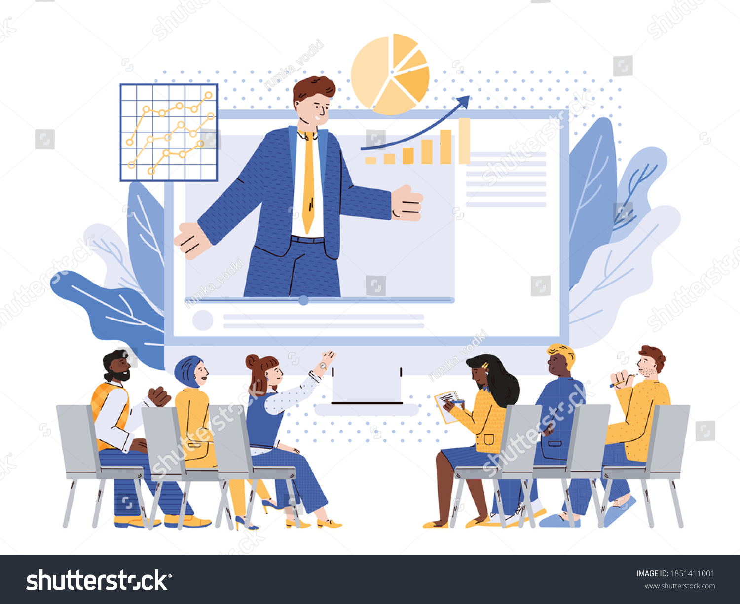 Corporate training or business coaching with cartoon characters flat ...