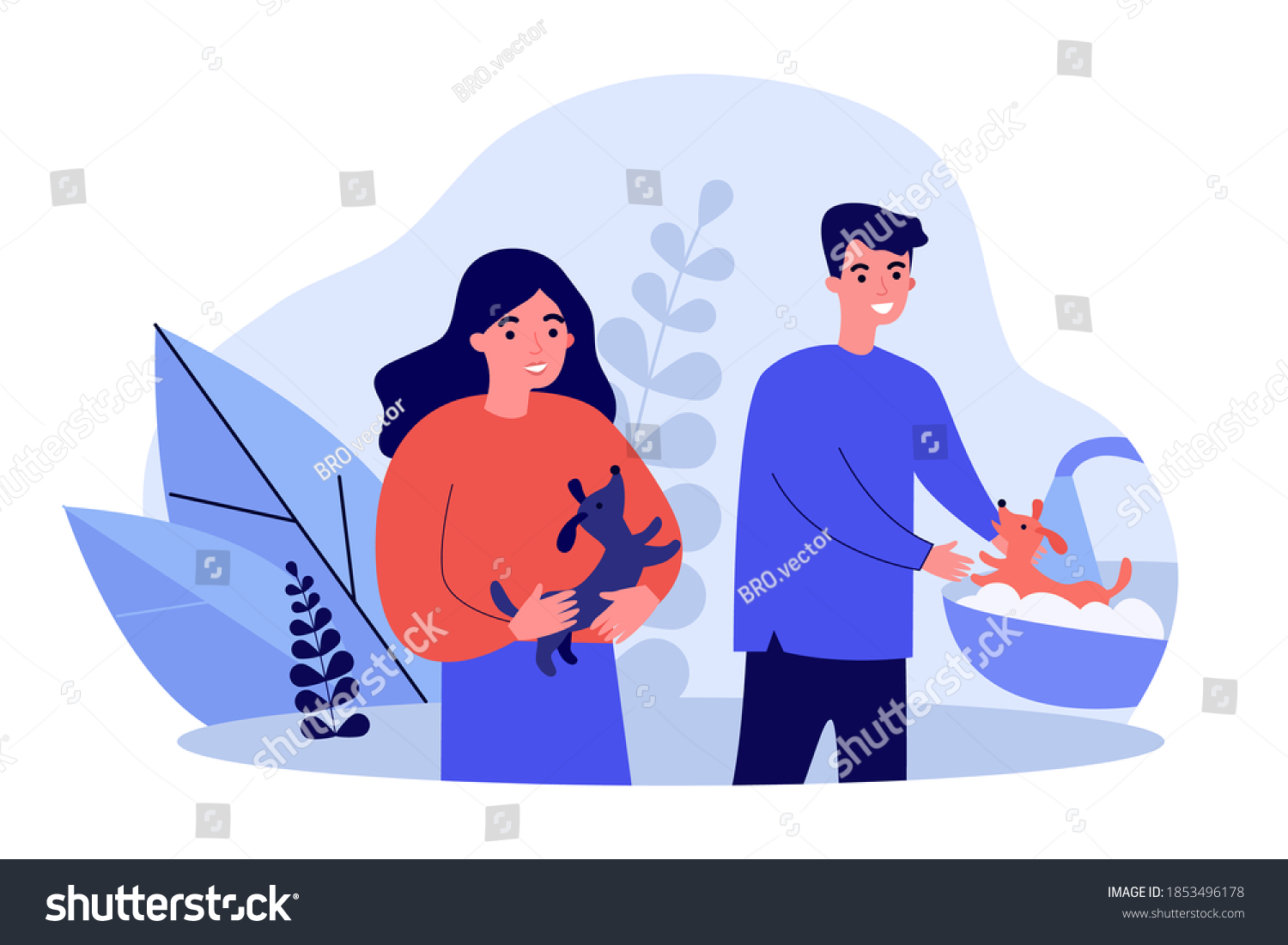 Dog owners washing their puppies in basin. Man and woman with pets in ...